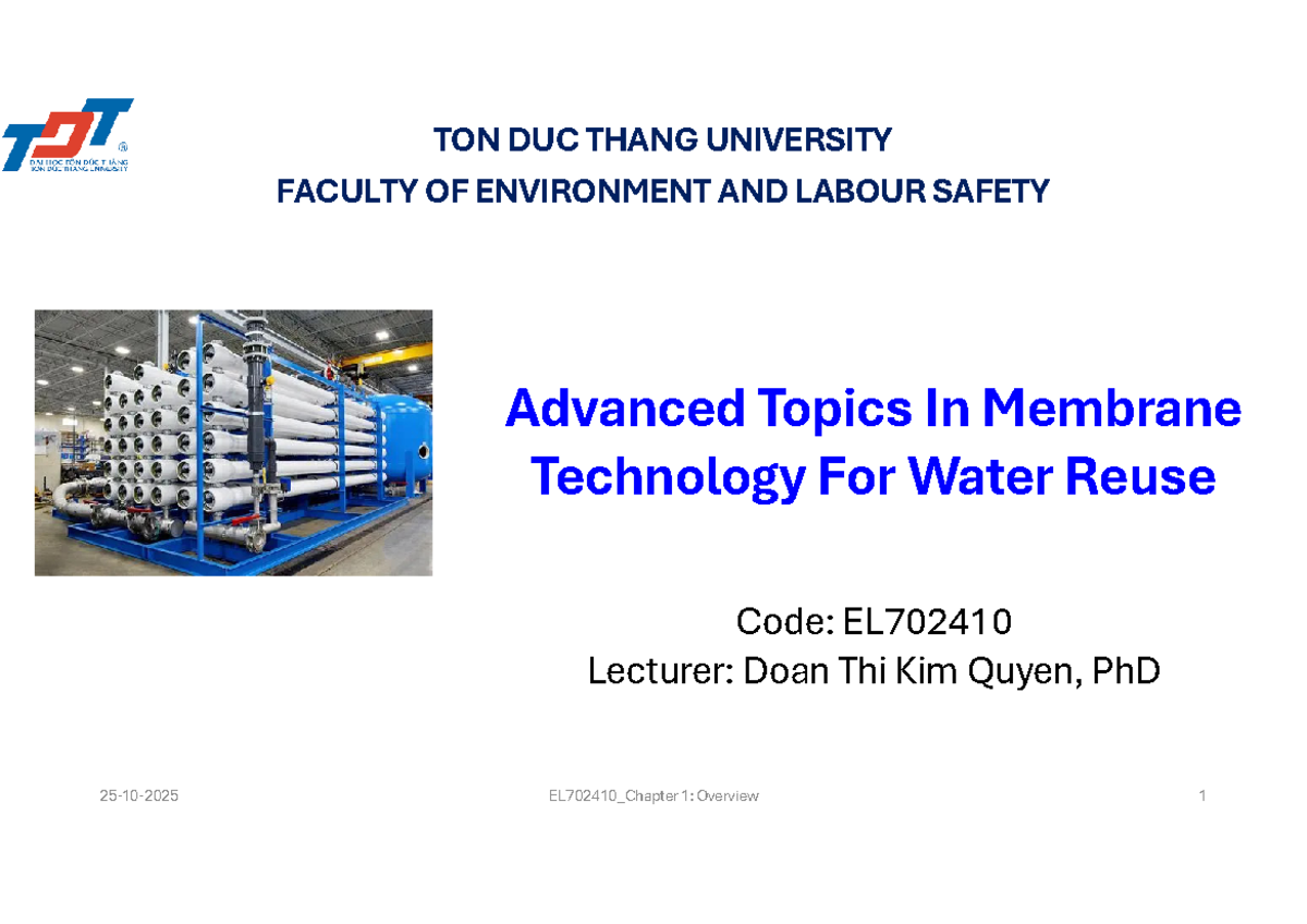 EL702410 - Chapter 1: Overview of Membrane Tech for Water Reuse - Studocu