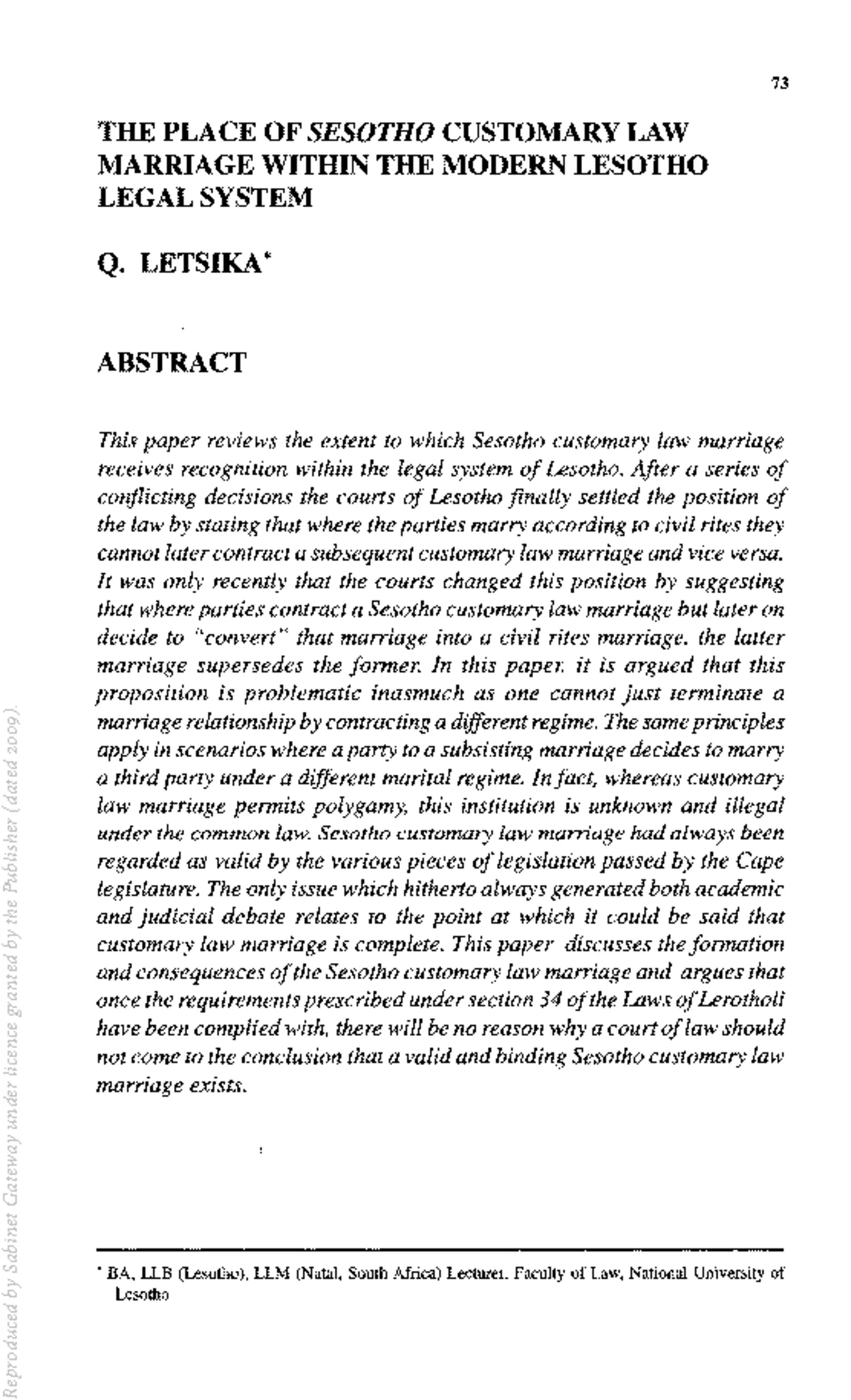 Letsika 2005 the place of sesotho customary law marriage within the ...