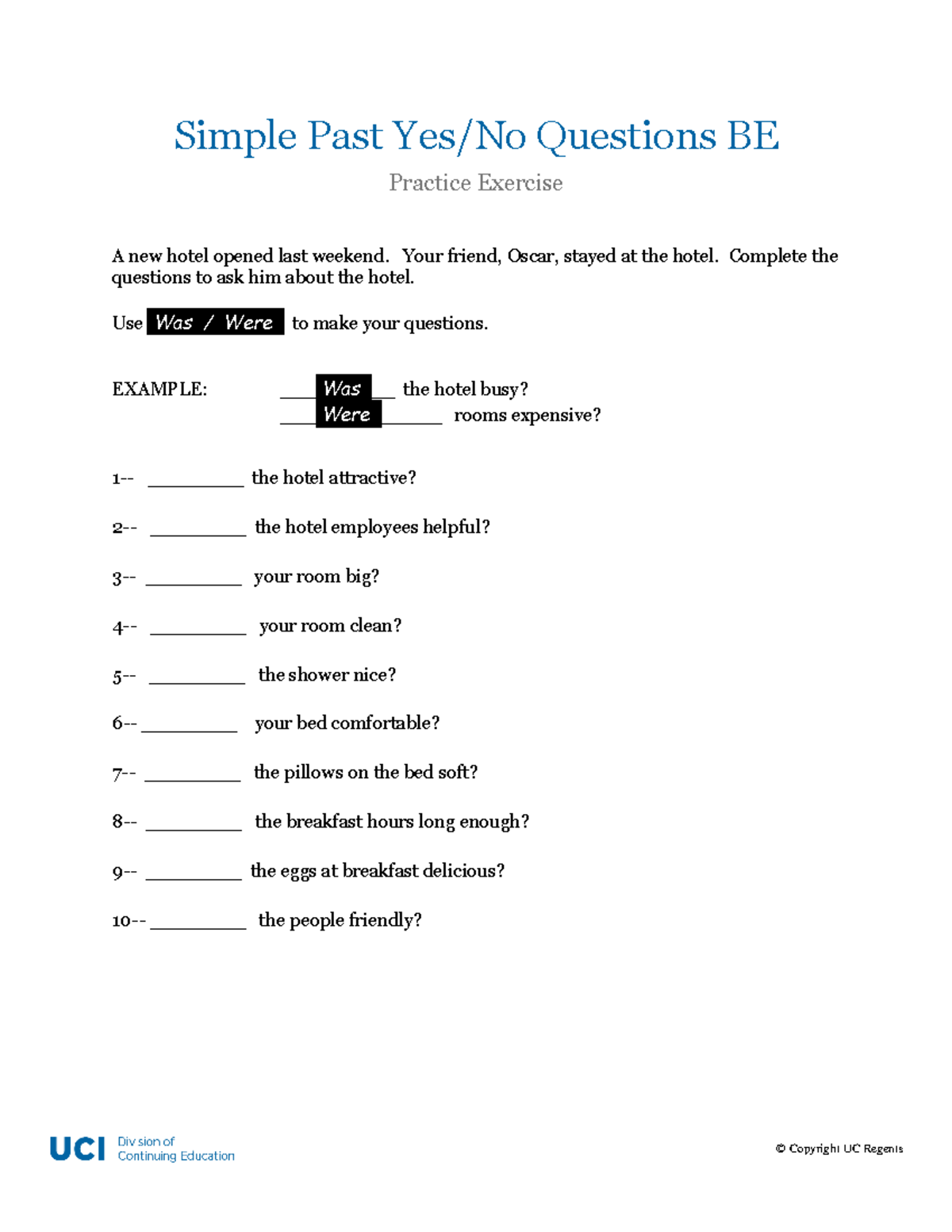 C3M3L1 - Simple Past Yes No Questions BE Practice Exercise ...