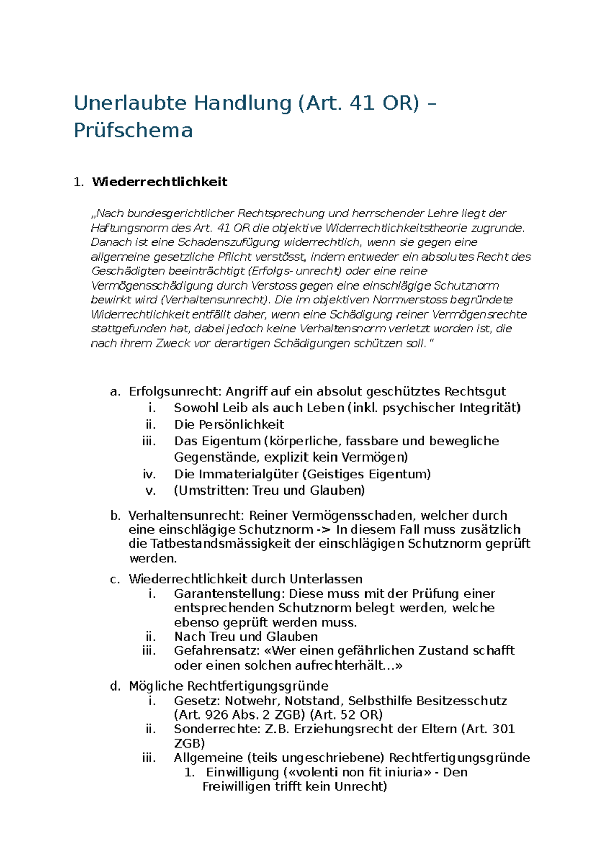 Unerlaubte Handlung (Art. 41 OR) - Prüfungschema und Haftung - Studocu