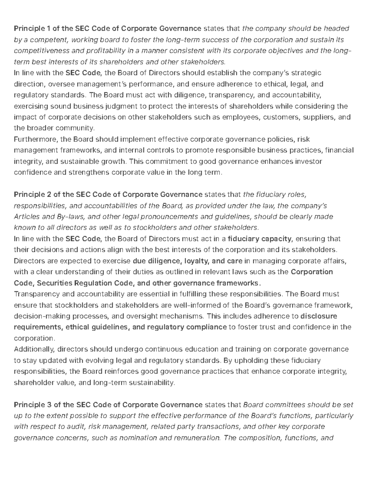 Principle 1 of the SEC Code of Corporate Governance states that the ...