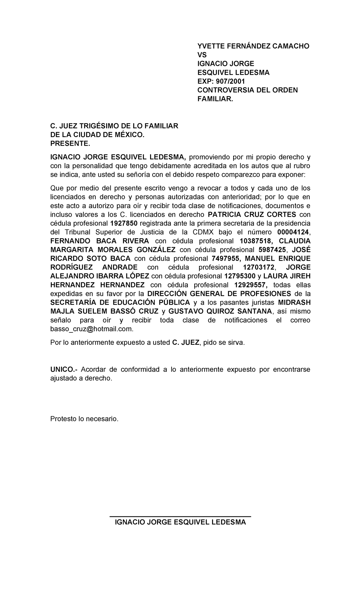 Revocación de Abogados en el Caso YVETTE FERNÁNDEZ CAMACHO vs. IGNACIO ...