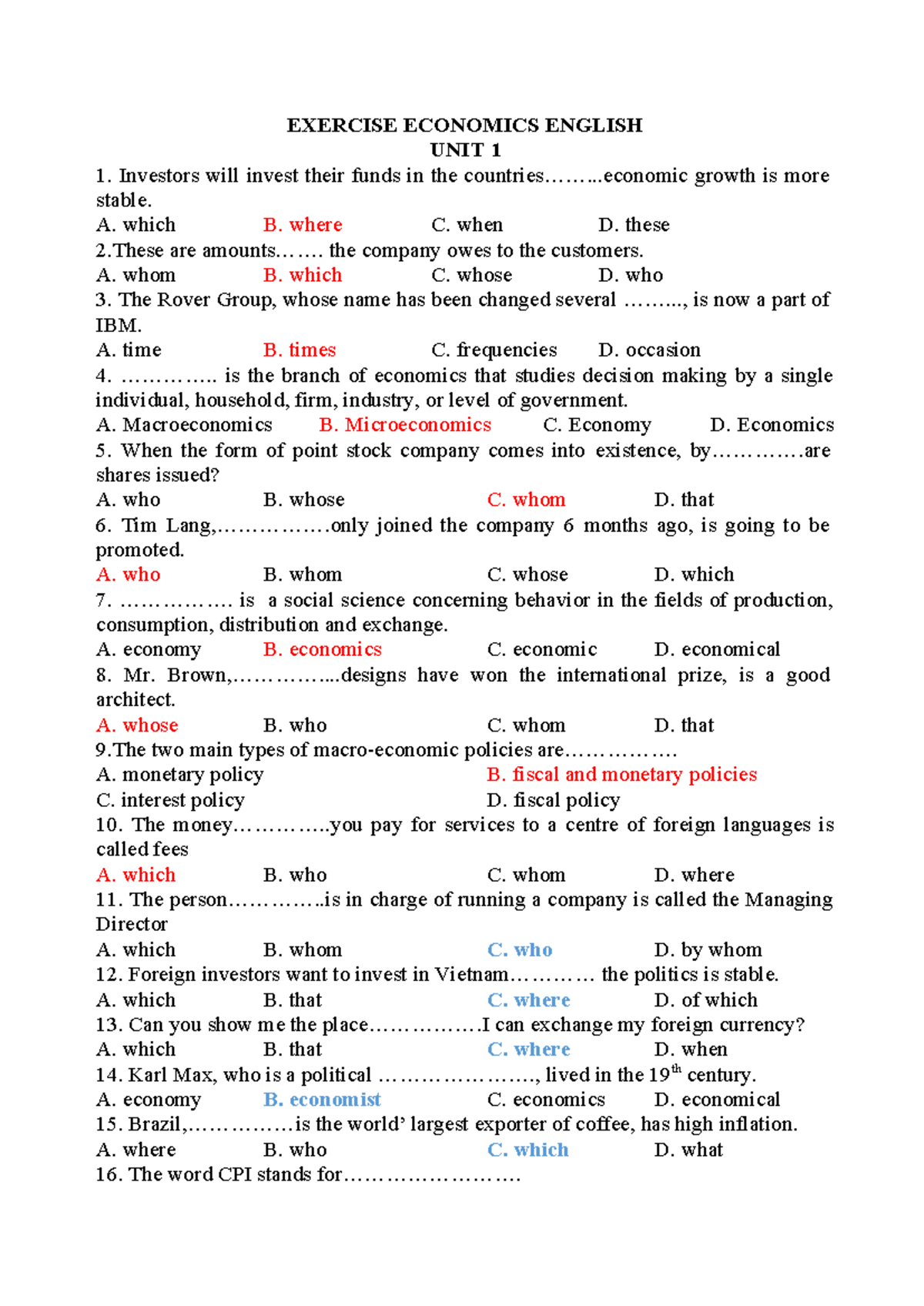 Exercise Economics English U124 - EXERCISE ECONOMICS ENGLISH UNIT 1 ...