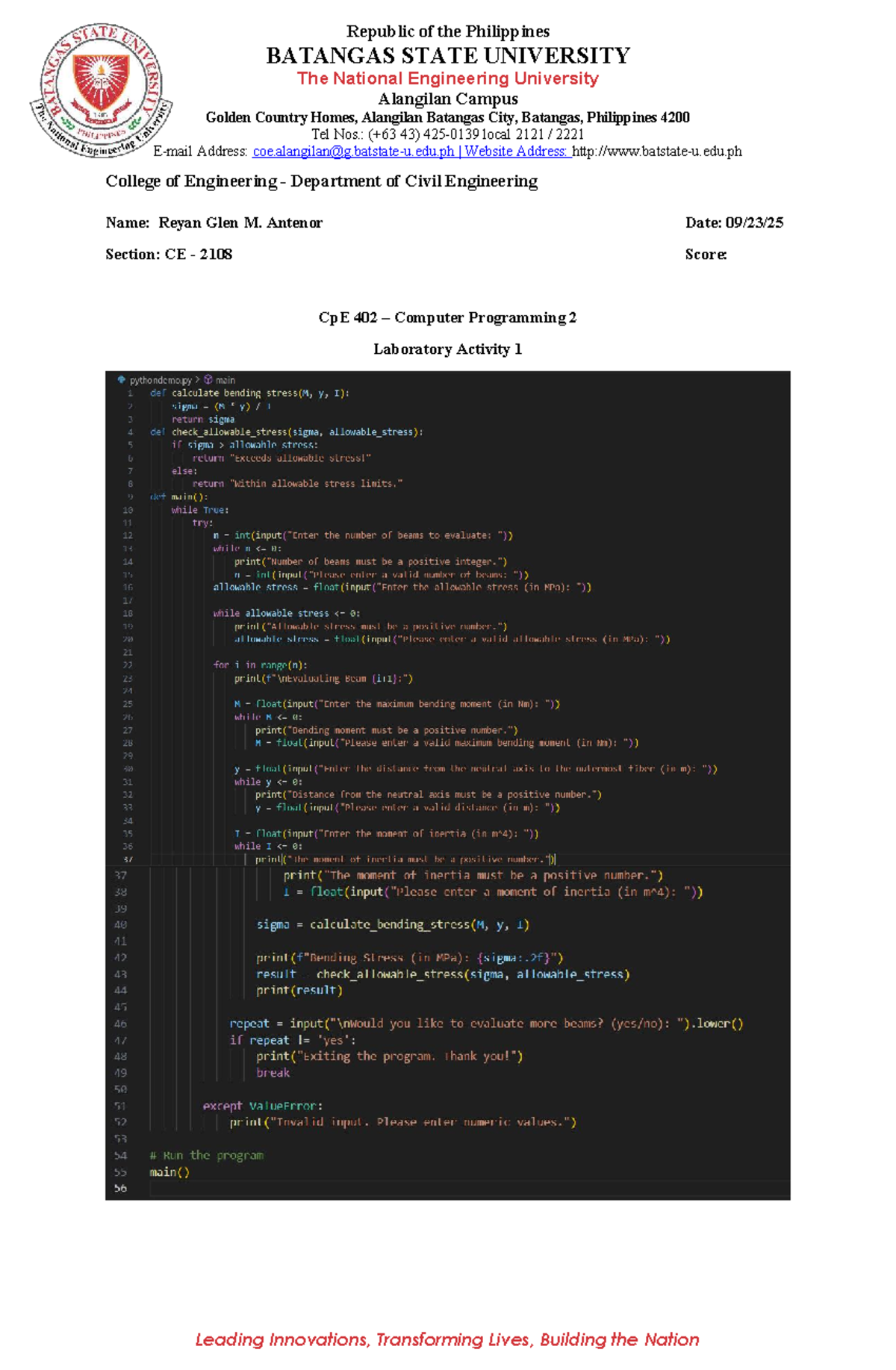 CE 402 Computer Programming 2 Lab Activity 1: Pseudocode for Bending Stress - Studocu