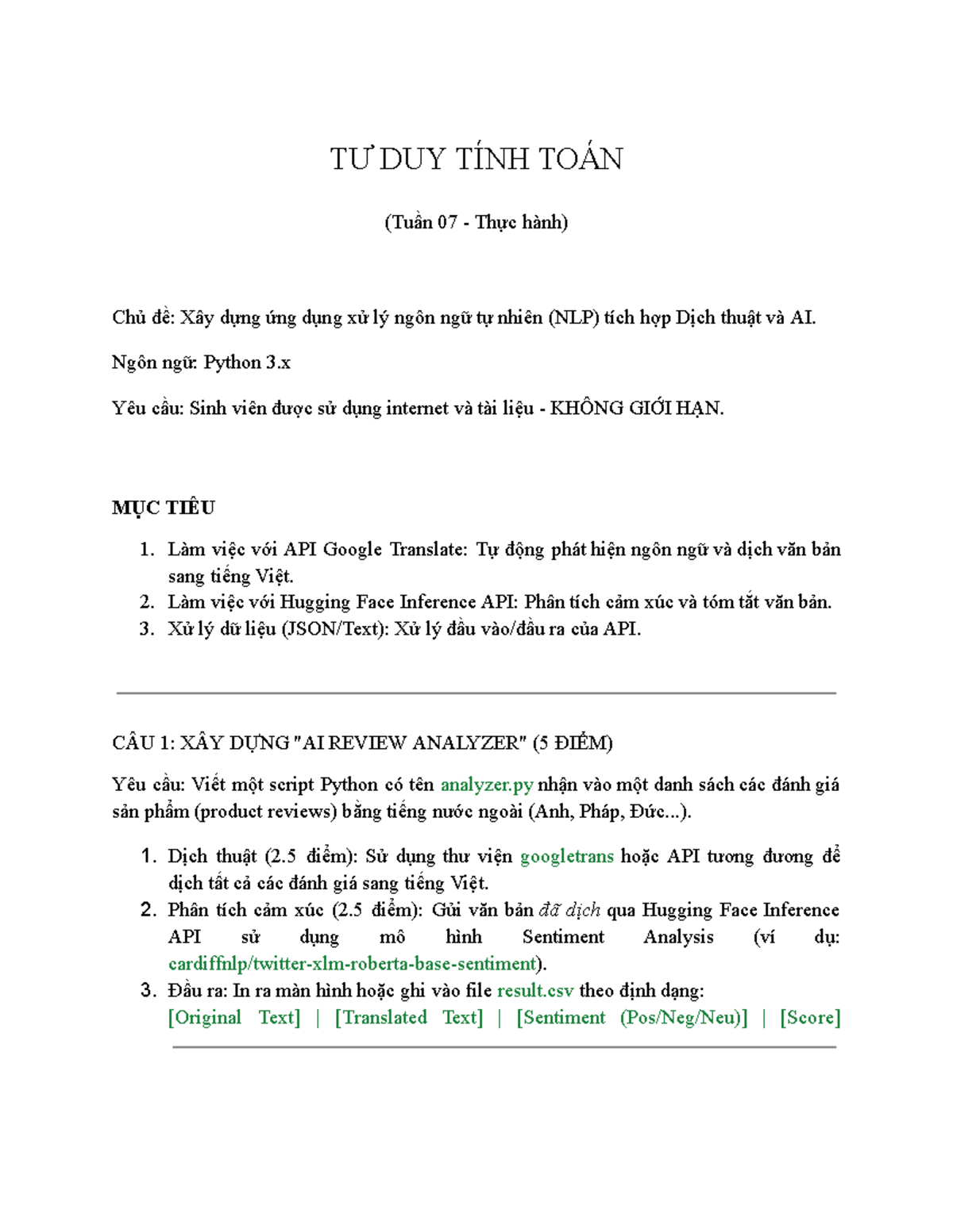 TƯ DUY TÍNH TOÁN - Tuần 07: Ứng Dụng NLP với Python 3.x - Studocu