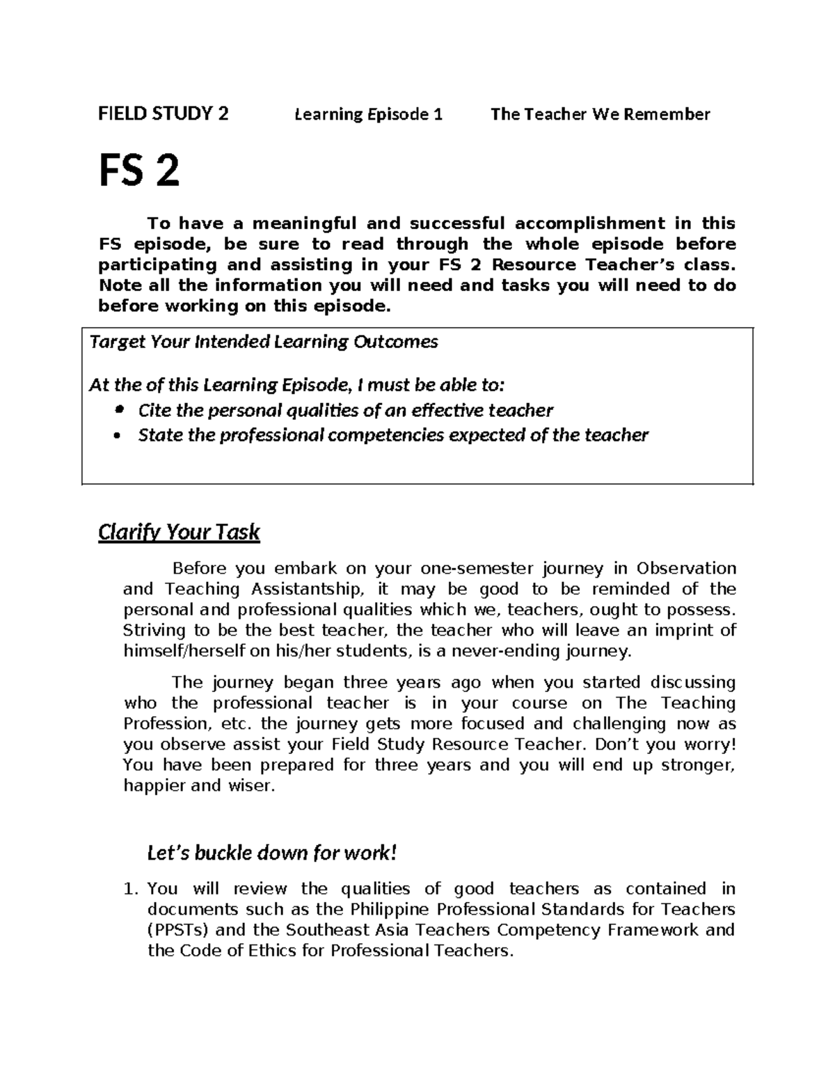 FIELD STUDY 2: Learning Episode 1 - Qualities of Effective Teachers ...