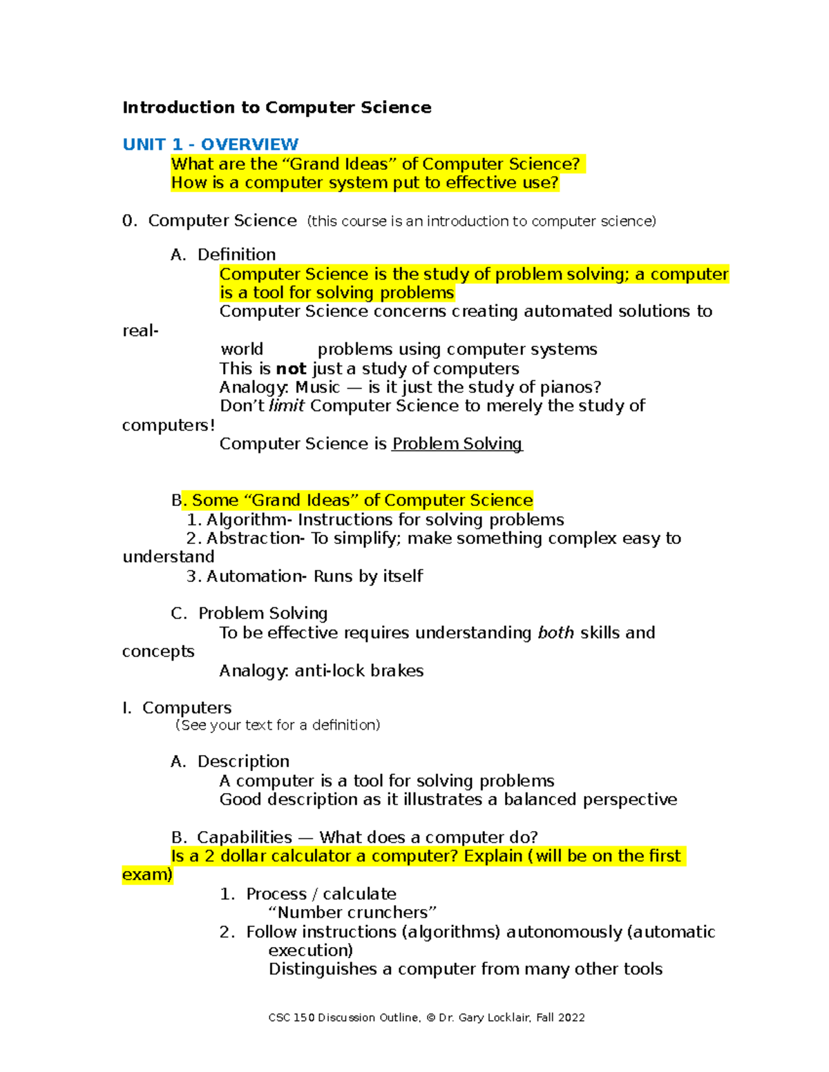 CSC 150 Unit 1 Day 1 Lecture Notes by Dr. Locklair on Computer Science ...