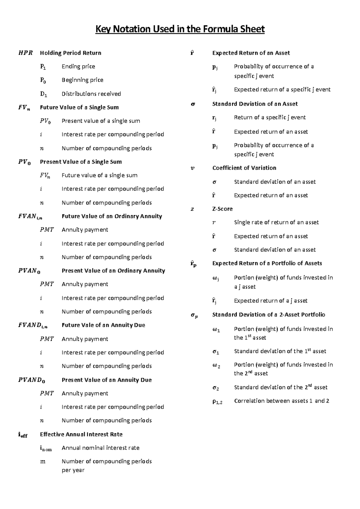 Key Notation for Financial Formulas - Course Code: FINA101 - Studocu