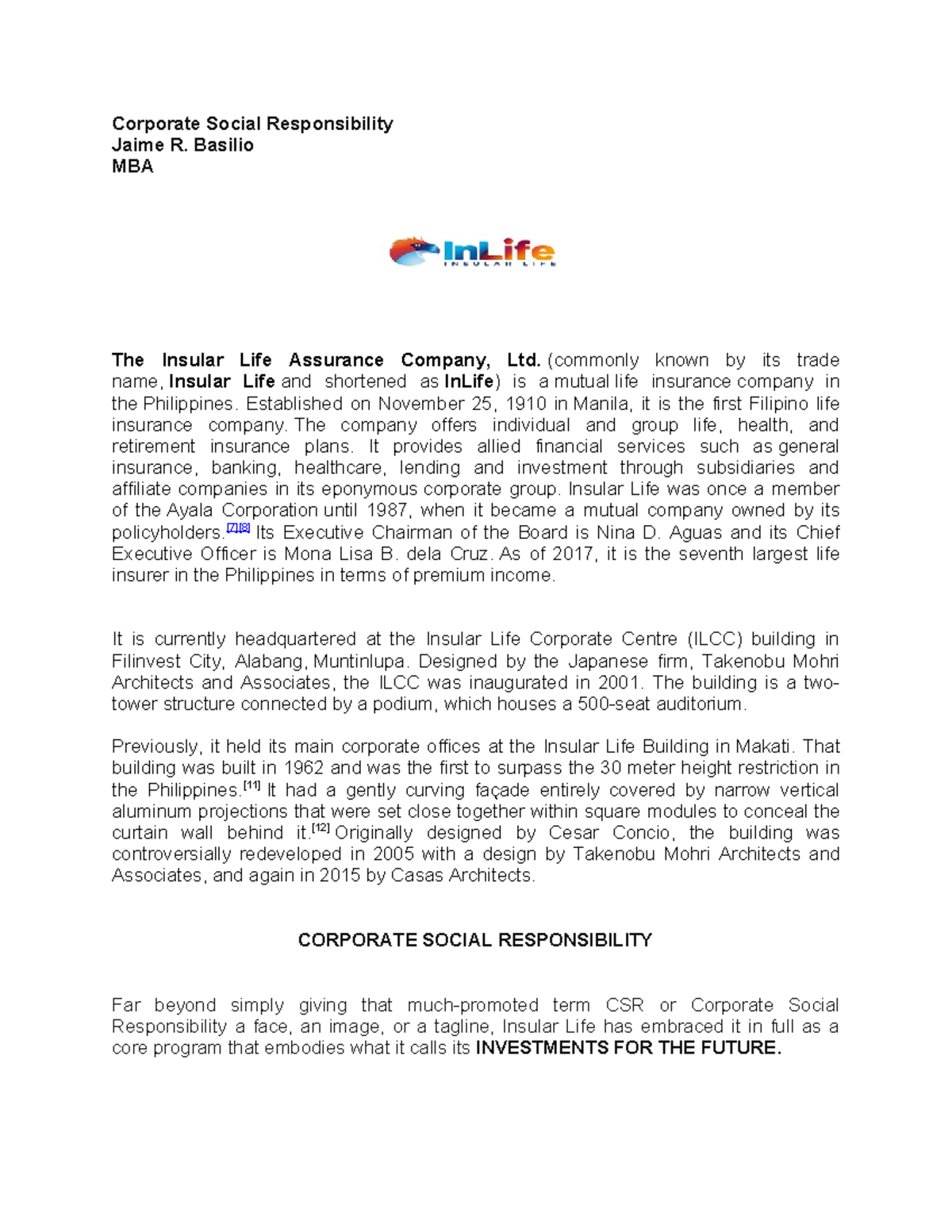 Csr Insular Life Evaluation Of Csr Corporate Social Responsibility Jaime R Basilio Mba The