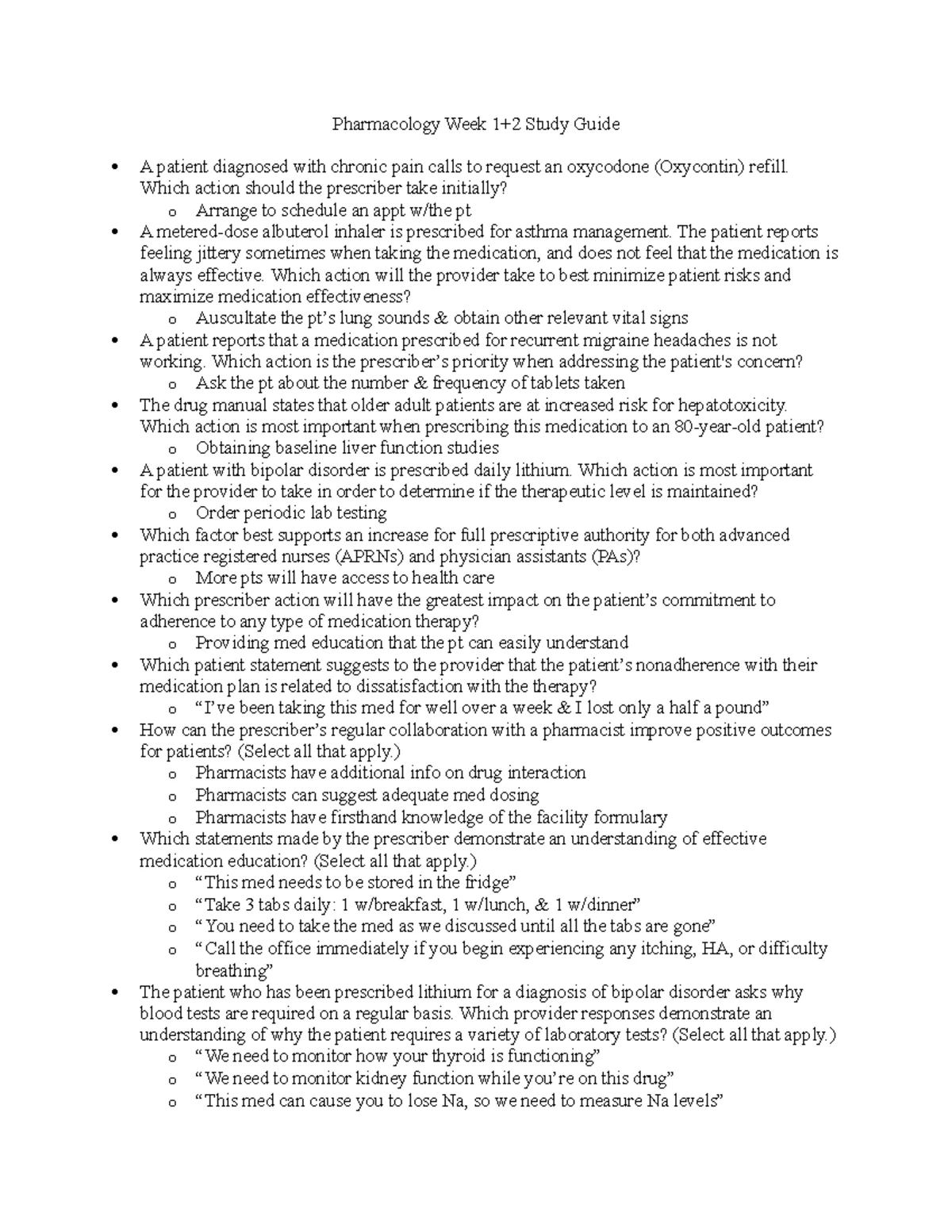 Week 1+2 Study Guide - Quiz 1 practice - Pharmacology Week 1+2 Study ...