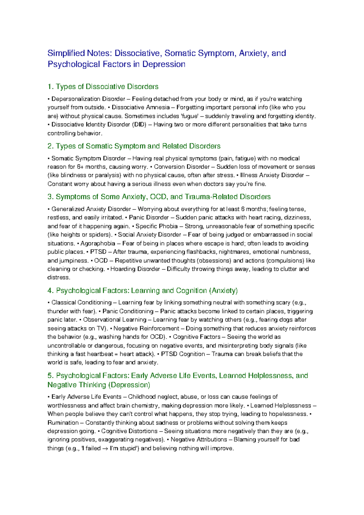 Simplified Notes: Dissociative, Somatic, Anxiety Disorders & Depression ...