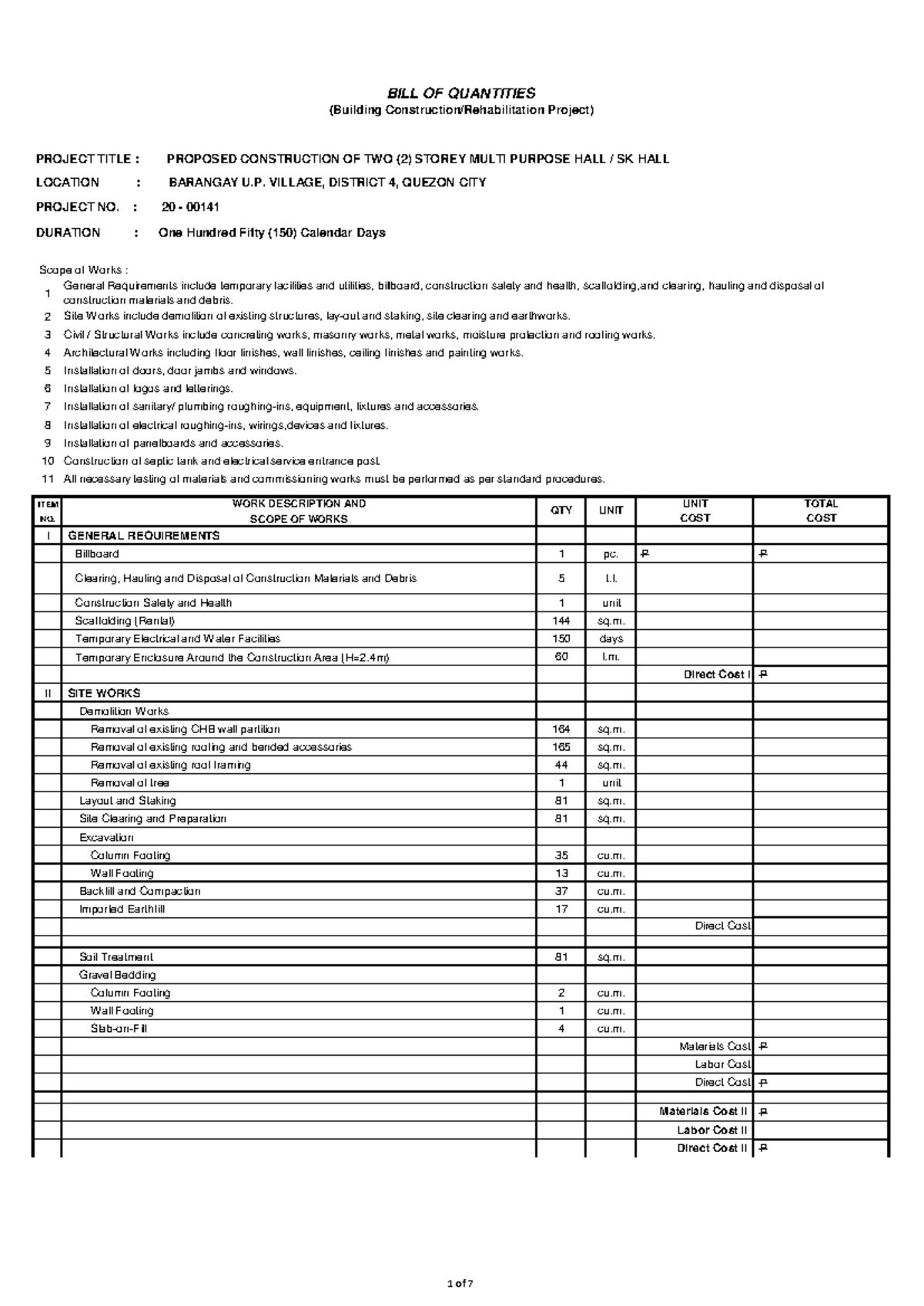 Bill of Quantities for SK-Hall Construction - Project 20-00141 - Studocu
