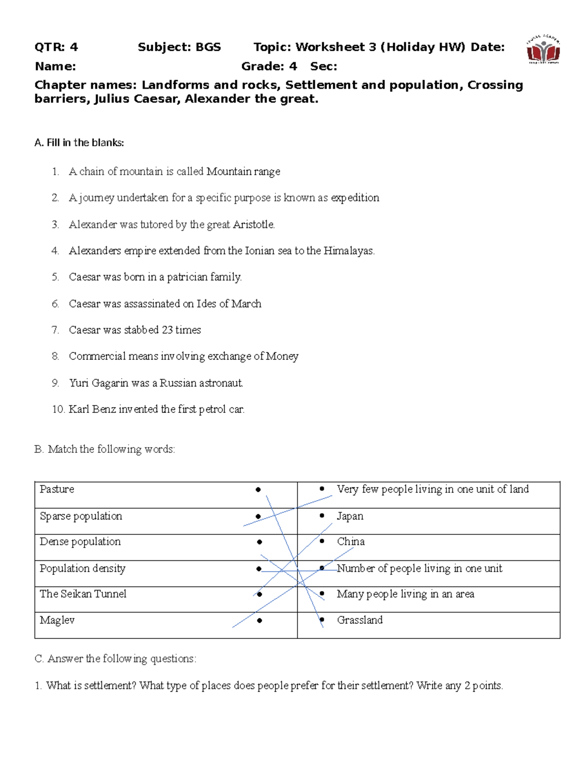 BGS QTR 4: Worksheet 3 - Landforms, Settlement & Historical Figures ...