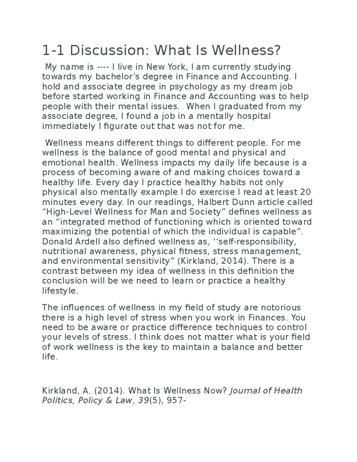 Wellness 402 Discussion 1: Understanding Personal Wellness Perspectives ...