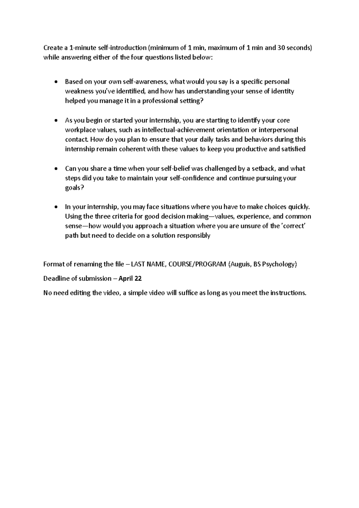 Self-Introduction Video Guidelines - CAED - Studocu