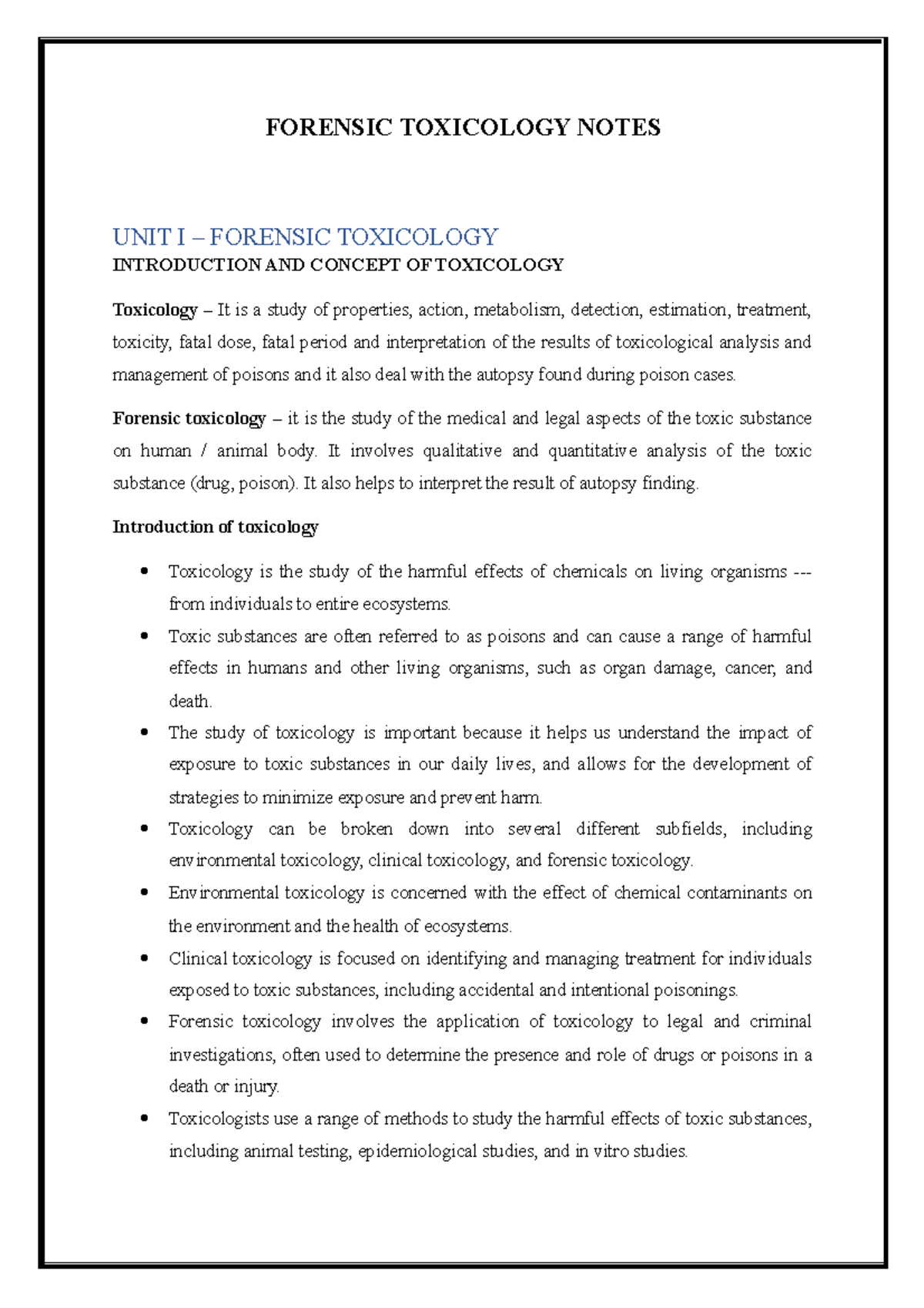 Forensic Toxicology Notes - Unit I: Introduction to Toxicology Concepts ...