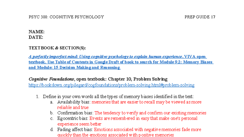 PSYC 380: Cognitive Psychology Prep Guide - Memory Biases & Heuristics ...