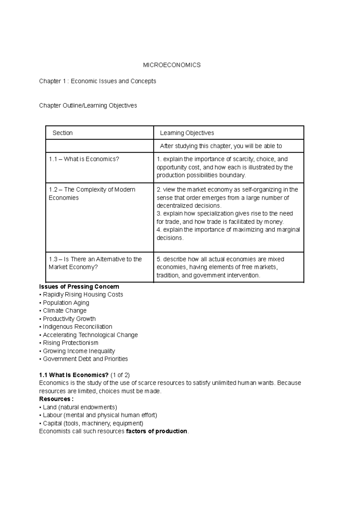 ECON 201 Chapter 1: Key Economic Concepts and Issues - Studocu
