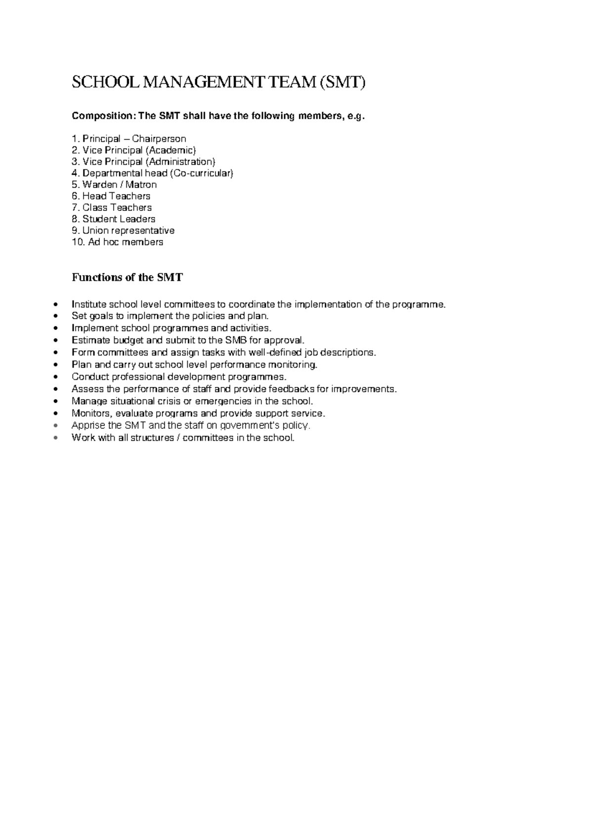 School Management Team (SMT) Overview and Functions - Studocu
