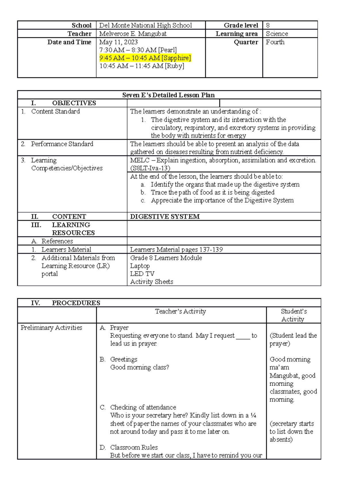 Digestive System Final Lesson Plan for Grade 8 Science - Studocu