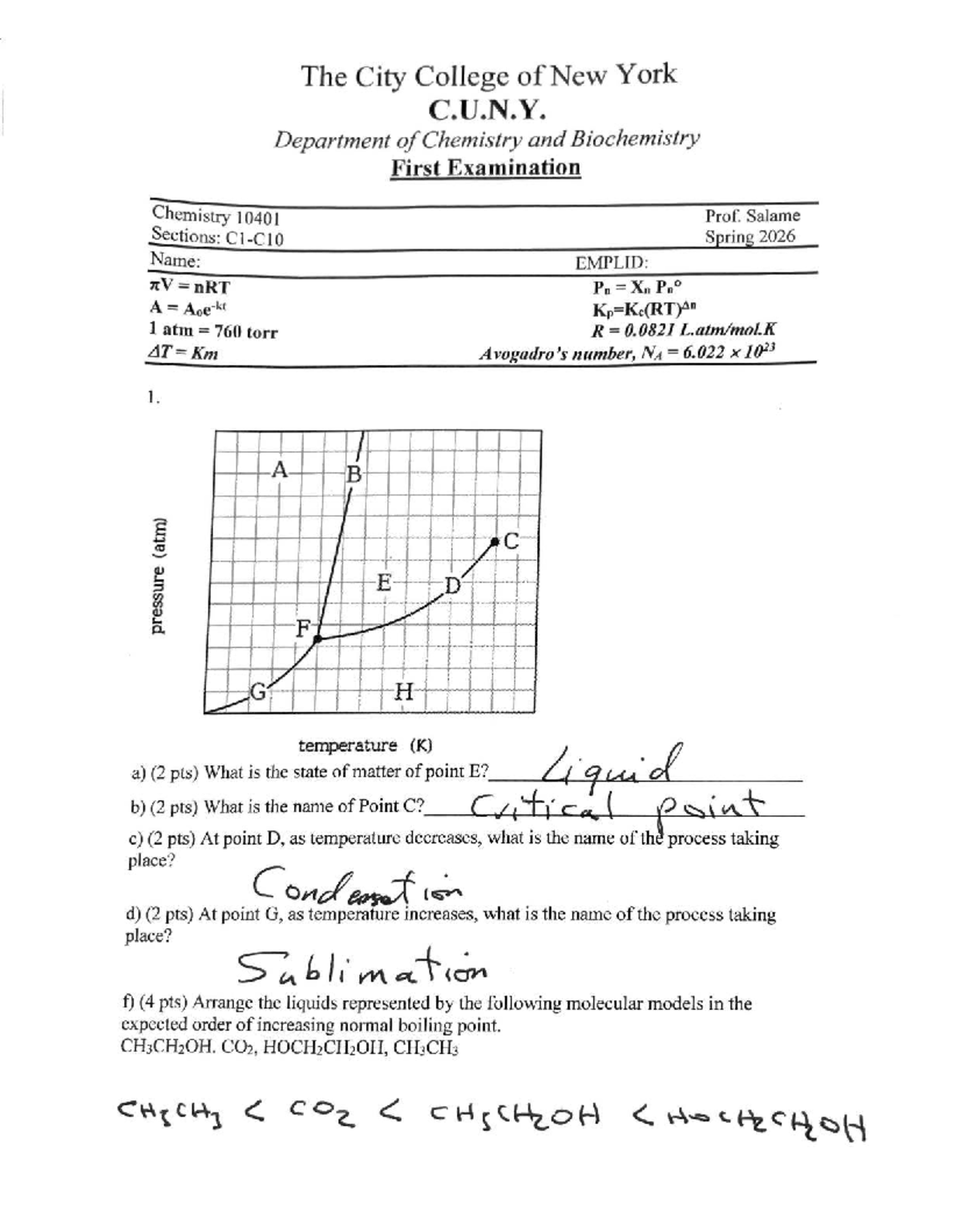 Answer Key for Chemistry 10401 Exam 1 - Spring 2026 - Studocu