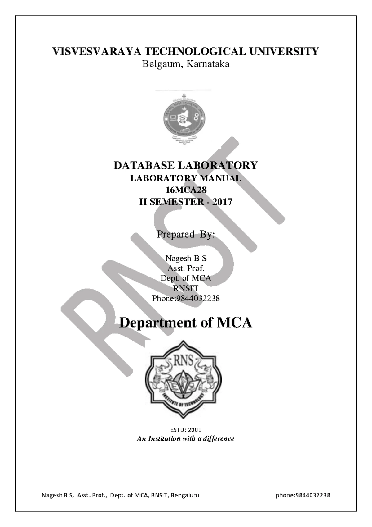 Mca dbms lab manual - VISVESVARAYA TECHNOLOGICAL UNIVERSITY Belgaum, Karnataka DATABASE ...