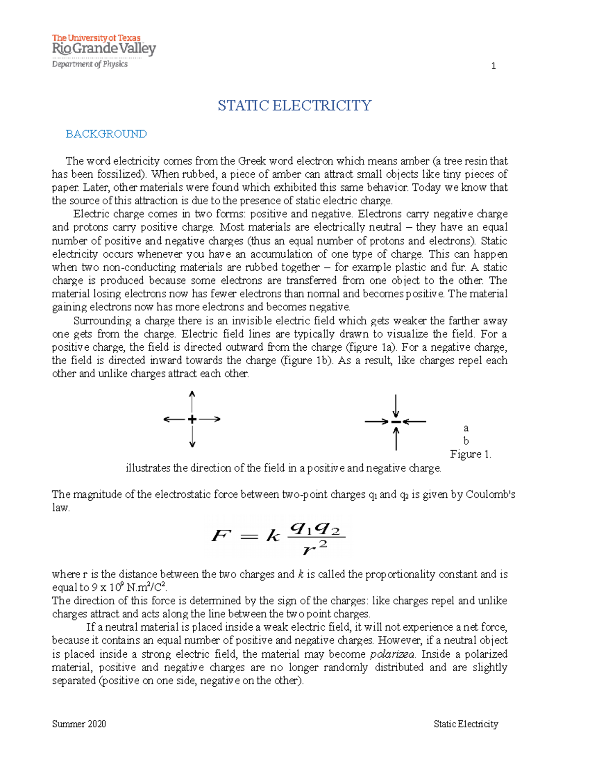 Static Electricity Lab Report - STATIC ELECTRICITY BACKGROUND The word ...
