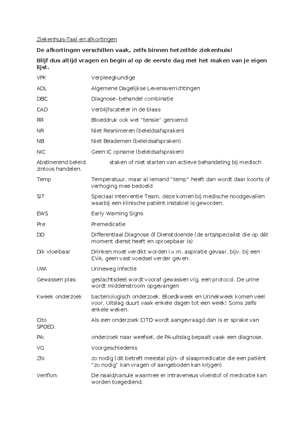 Ziekenhuis Jargon en Afkortingen - VPK Leerling Gids - Studeersnel