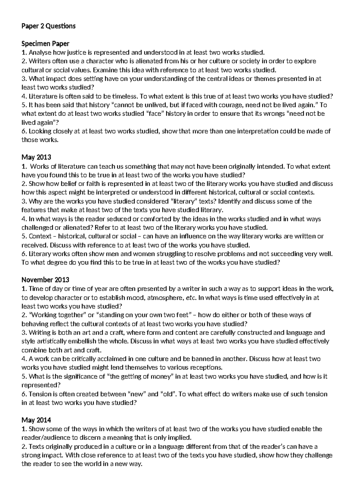 HL English Paper 2 Sample Questions for Literary Analysis - Studocu