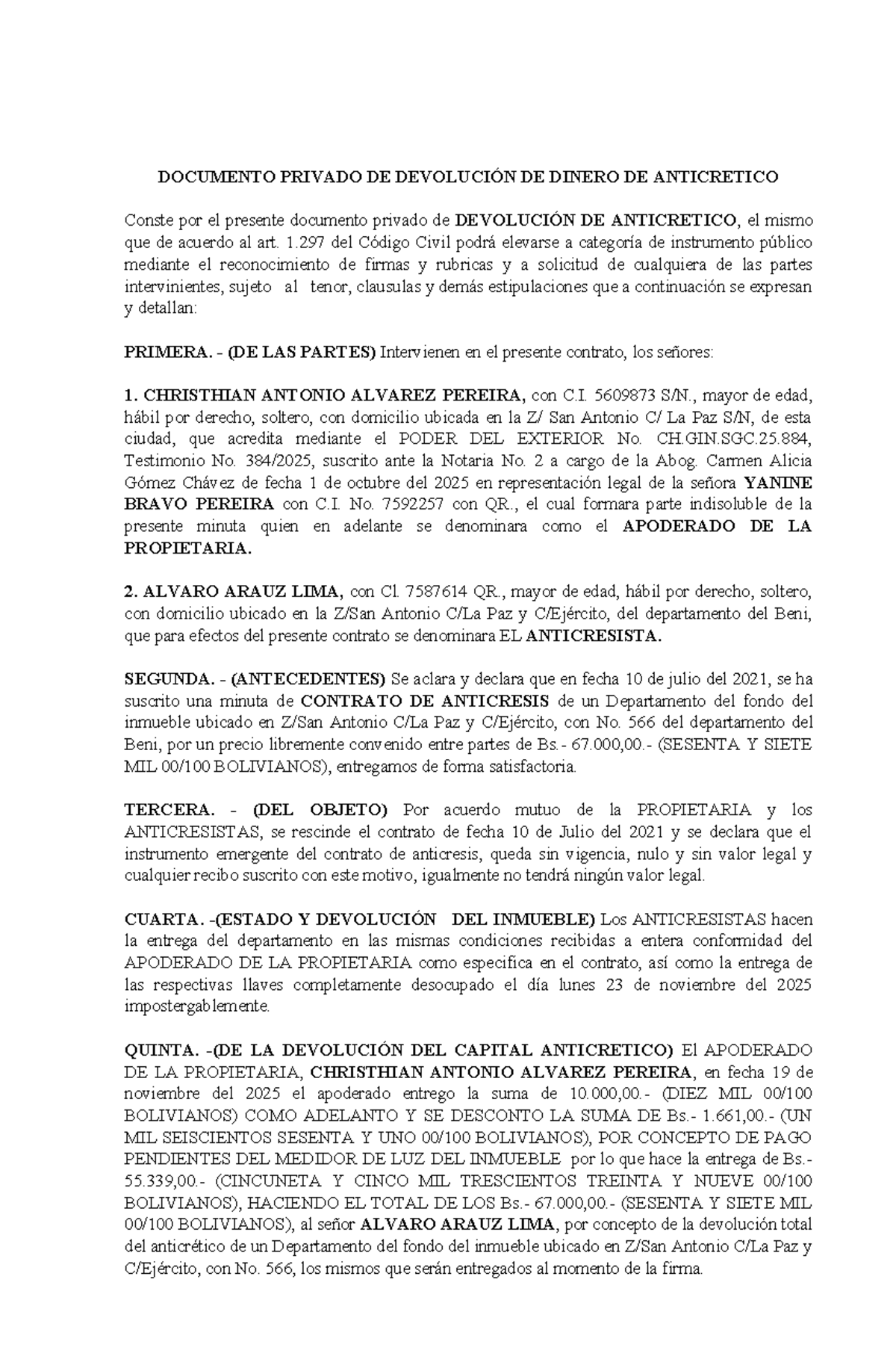 Documento Privado de Devolución de Anticrético - 2025 - Studocu