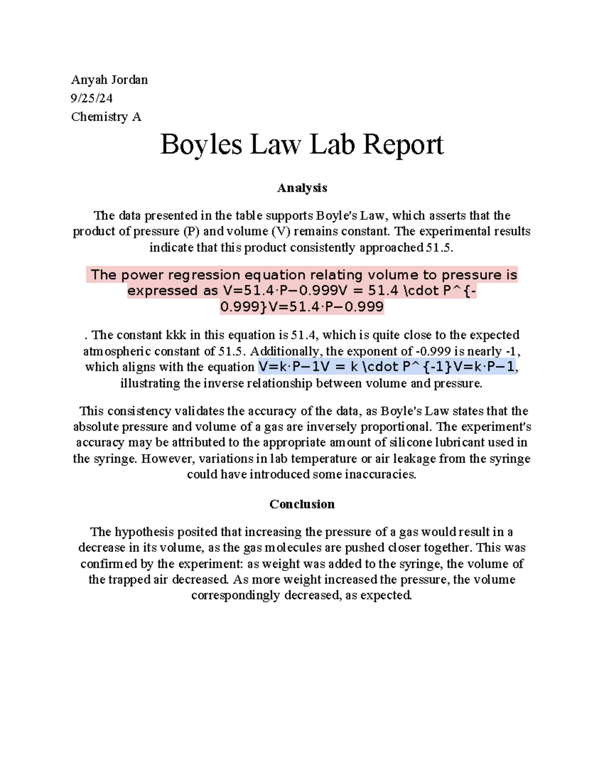 Boyles Law Lab Report - lab - Anyah Jordan 9/25/ Chemistry A Boyles Law ...