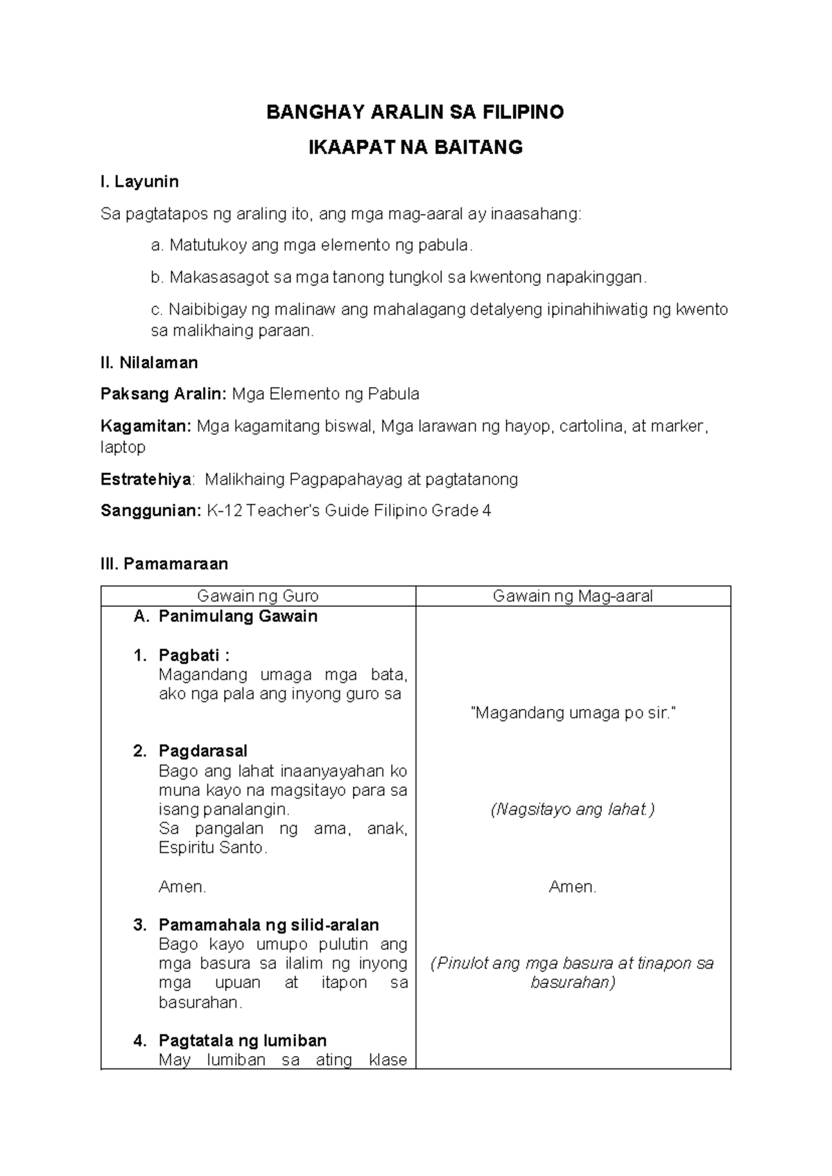 Filipino Grade 4 Lesson Plan: Mga Elemento ng Pabula - Studocu