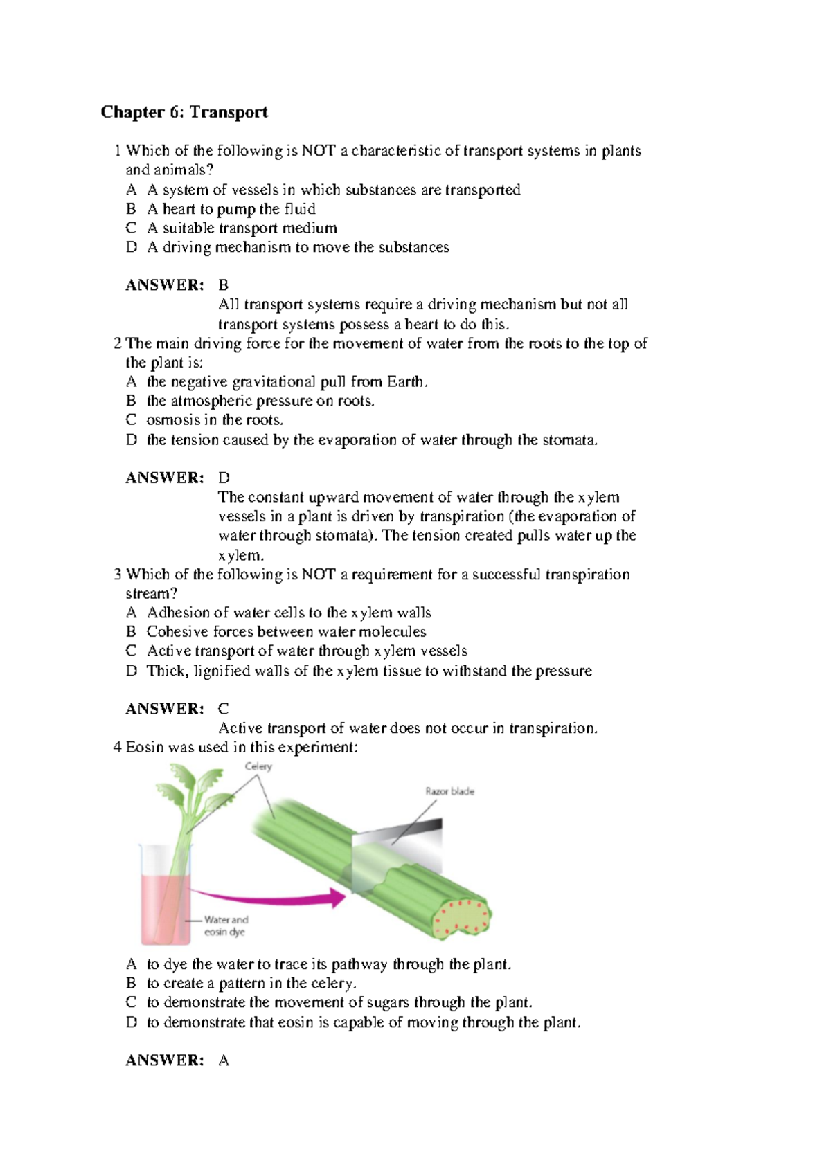 Chapter 6: Transport Systems Revision Quiz Answers - Studocu