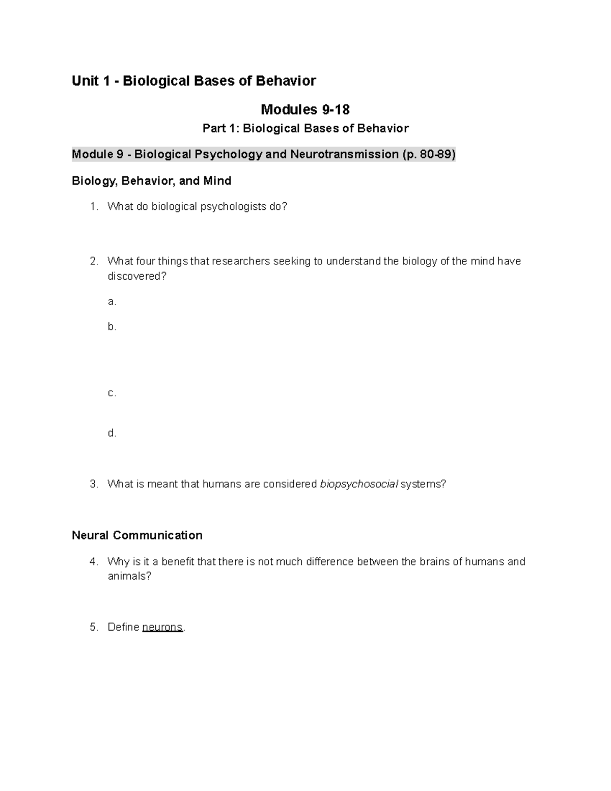 Unit 1 - Biological Bases of Behavior: Guided Reading Questions and ...