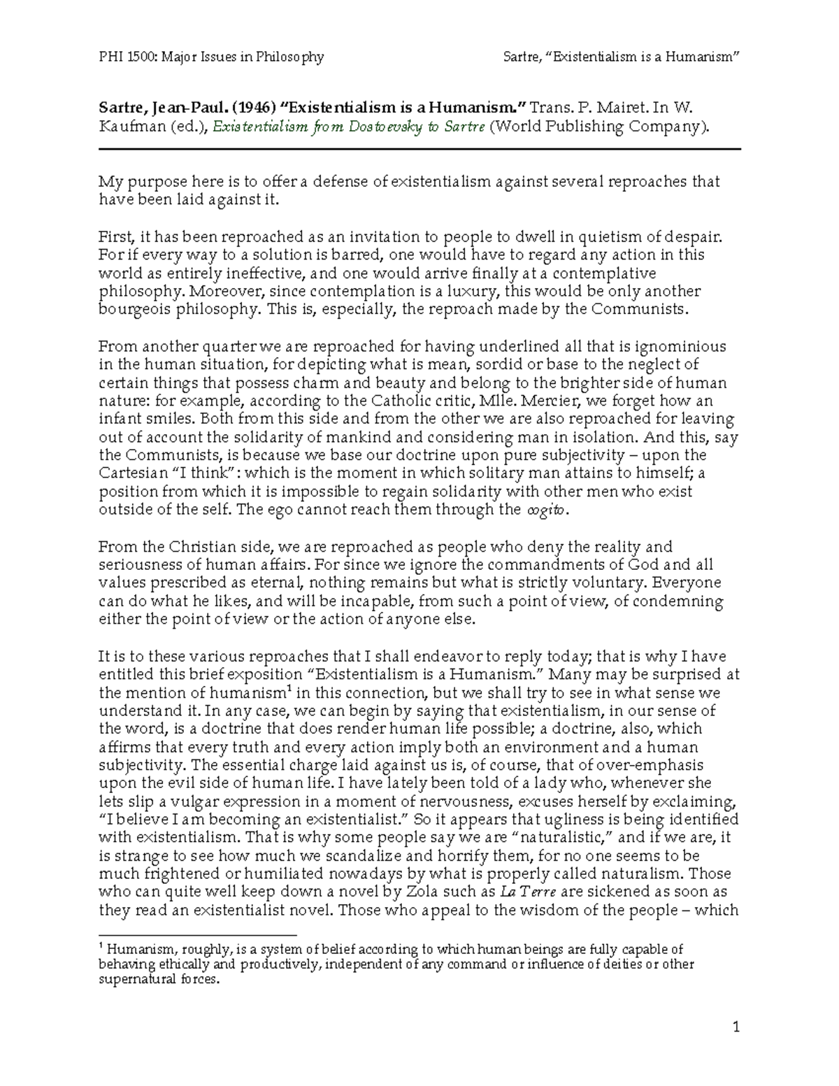 Sartre existentialism is a humanism - Sartre, Jean-Paul. (1946 ...