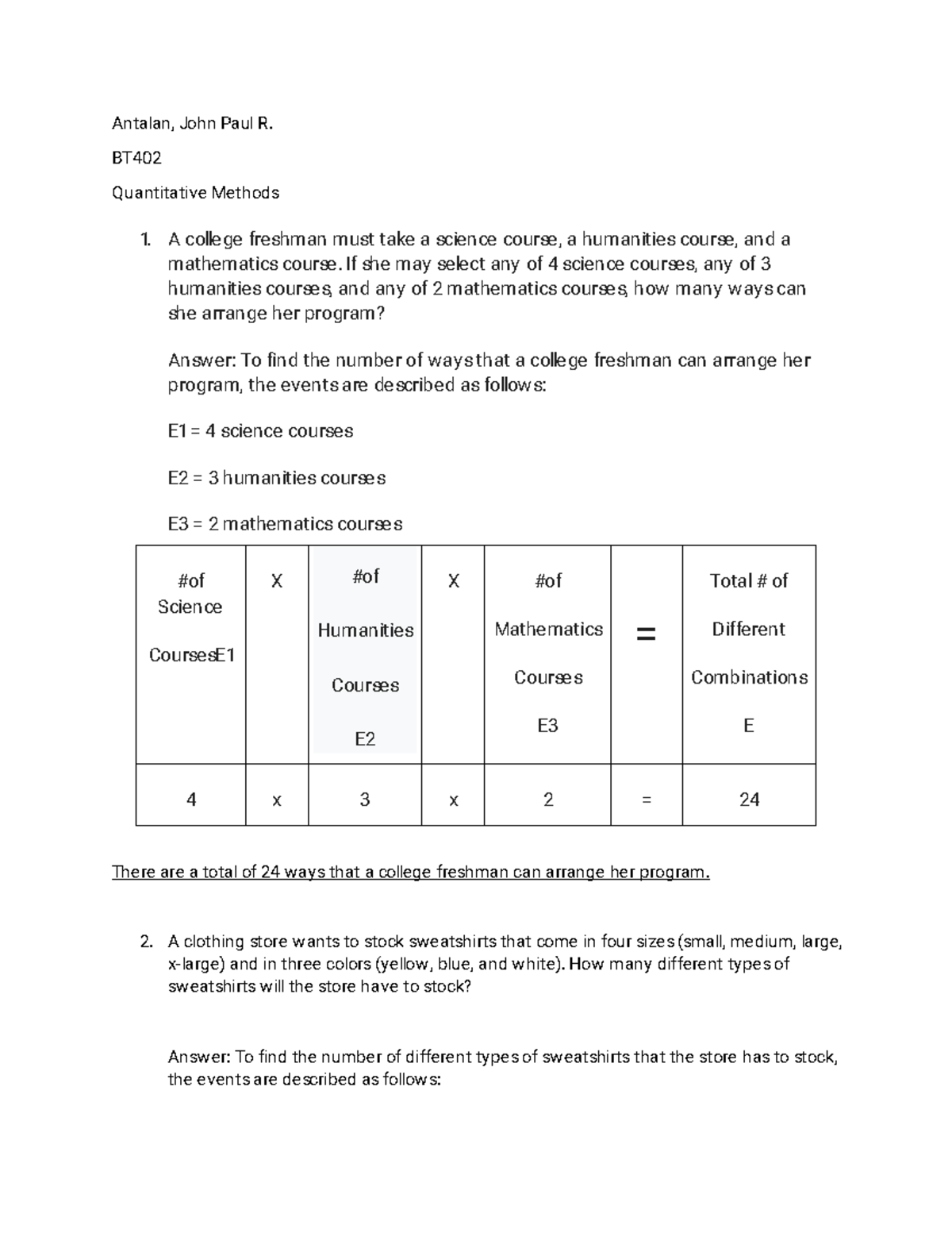 BT402 Quantitative Methods: Combinations and Outfit Calculations - Studocu