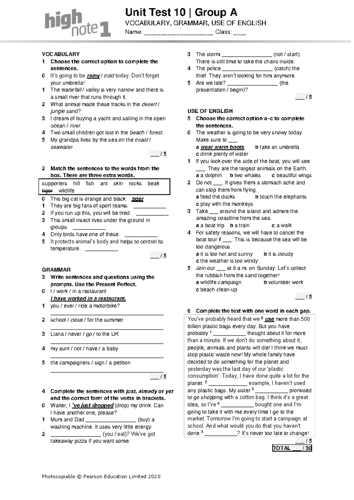 High Note 1 Unit 10 Group A Language Test - Vocabulary & Grammar - Studocu