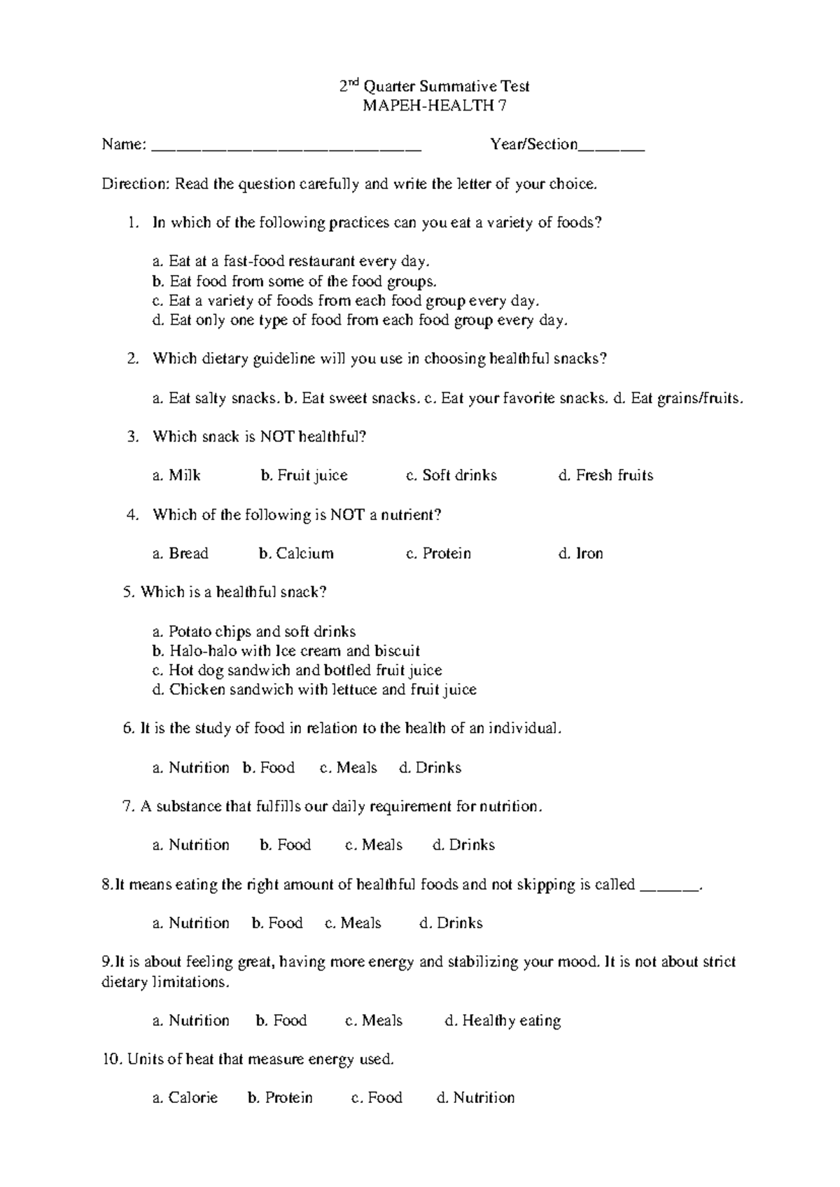 Mapeh-7 Health Q2 Summative-TEST - 2 nd Quarter Summative Test MAPEH ...