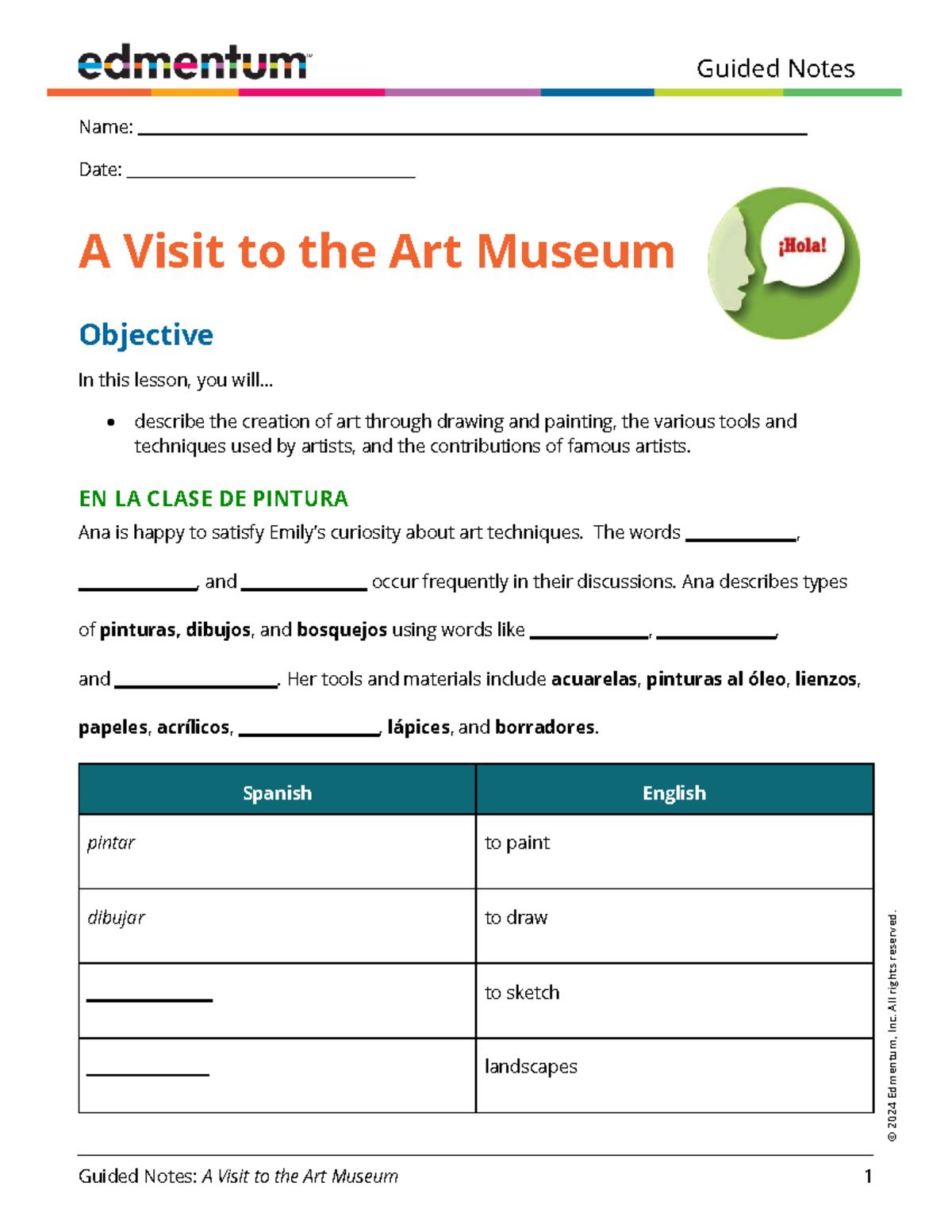 Guided Notes: Spanish 1 B3.01 - A Visit to the Art Museum - Studocu