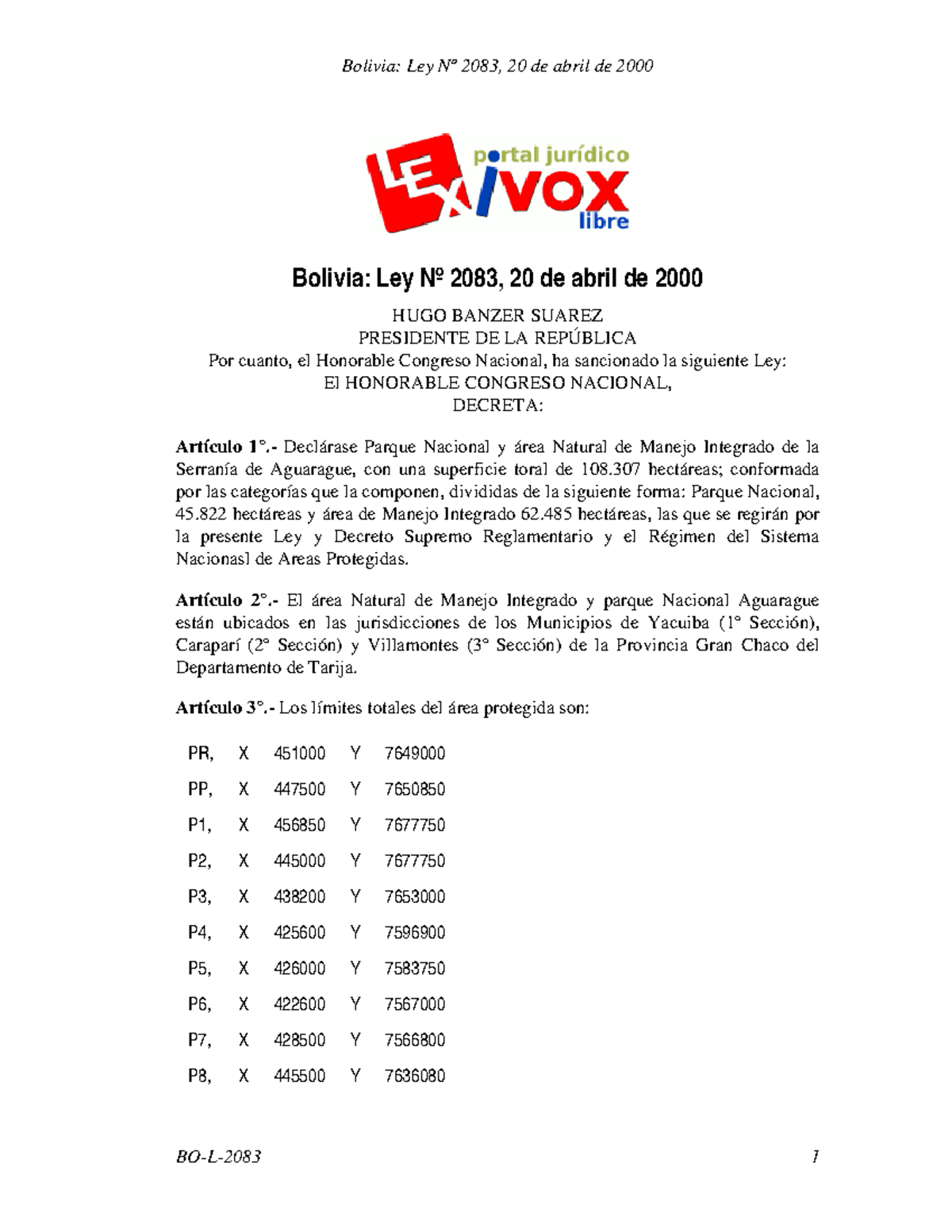 Ley Nº 2083: Creación del Parque Nacional y ANMI Serranía de Aguarague ...