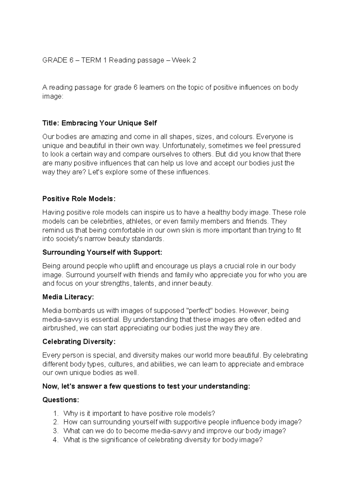 GRADE 6 TERM 1 Reading Passage: Positive Influences on Body Image - Studocu