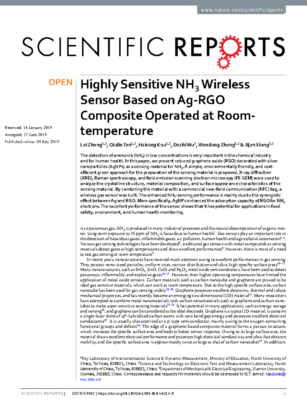 Highly Sensitive NH3 Wireless Sensor Using RGO-AgNPs (S41598 019 46213 ...