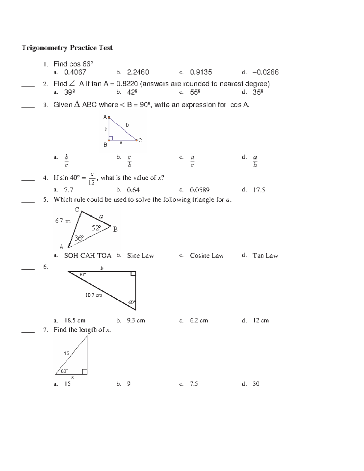 Trigonometry Practice Test 1: Questions & Solutions - Studocu