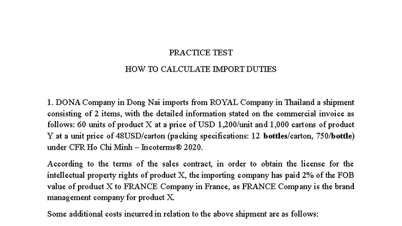 Practice custom duty - good - PRACTICE TEST HOW TO CALCULATE IMPORT ...