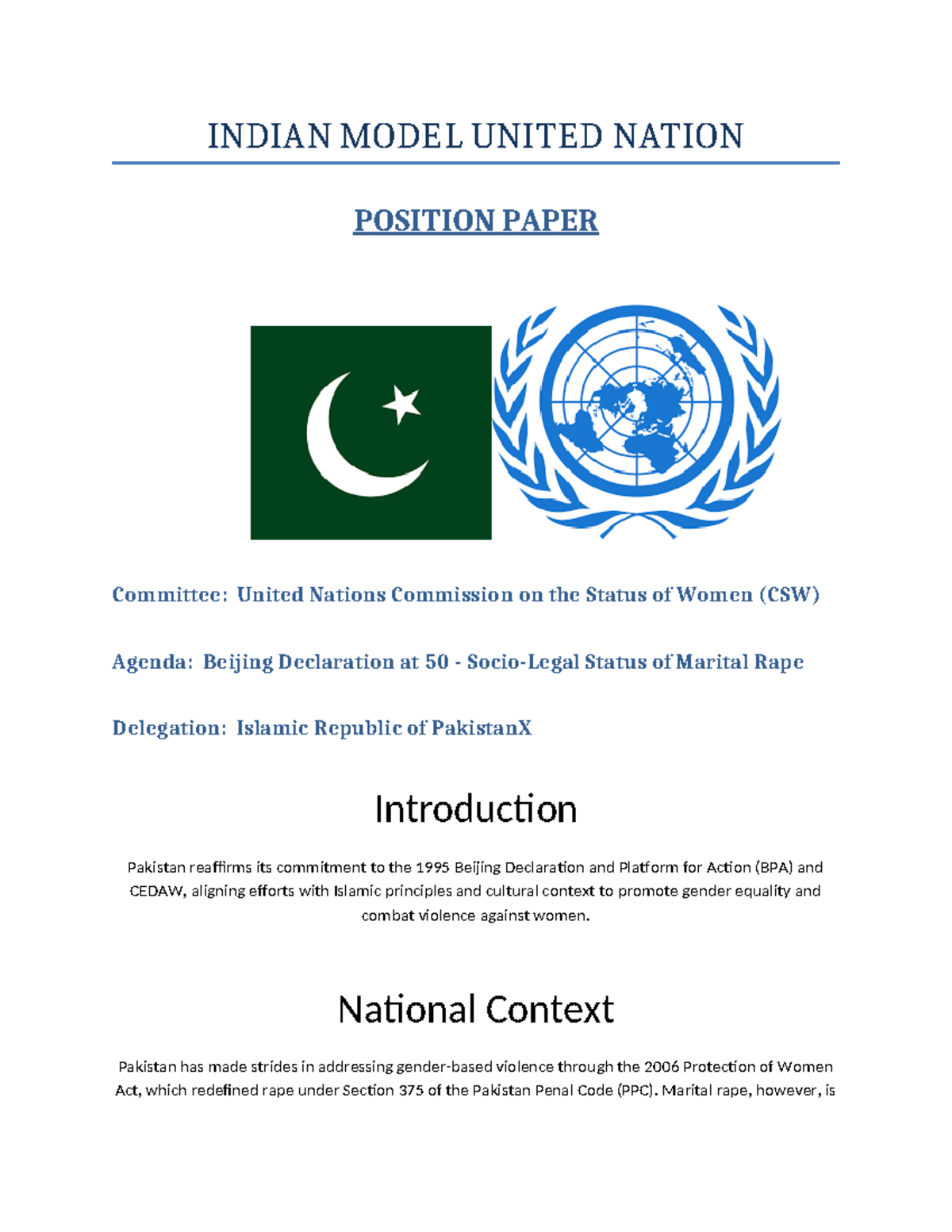 INDIAN MODEL UN POSITION PAPER: CSW on Marital Rape - Studocu