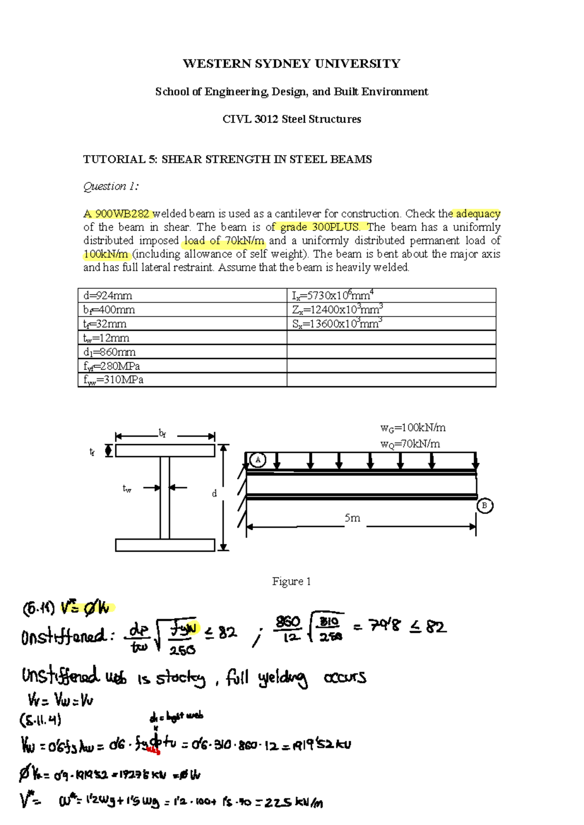 CIVL 3012 Tutorial 5: Shear Strength in Steel Beams Analysis - Studocu