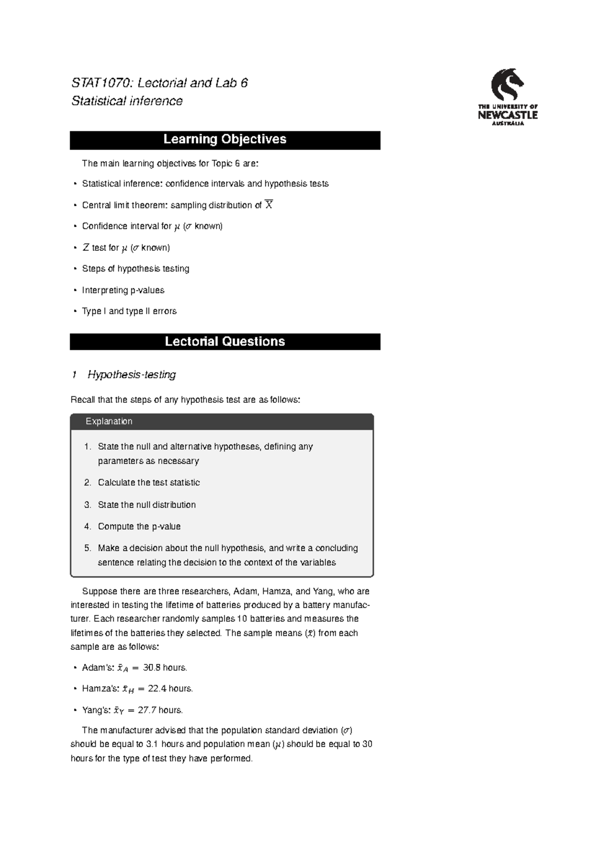 STAT1070: Lectorial and Lab 6 on Statistical Inference and Hypothesis ...