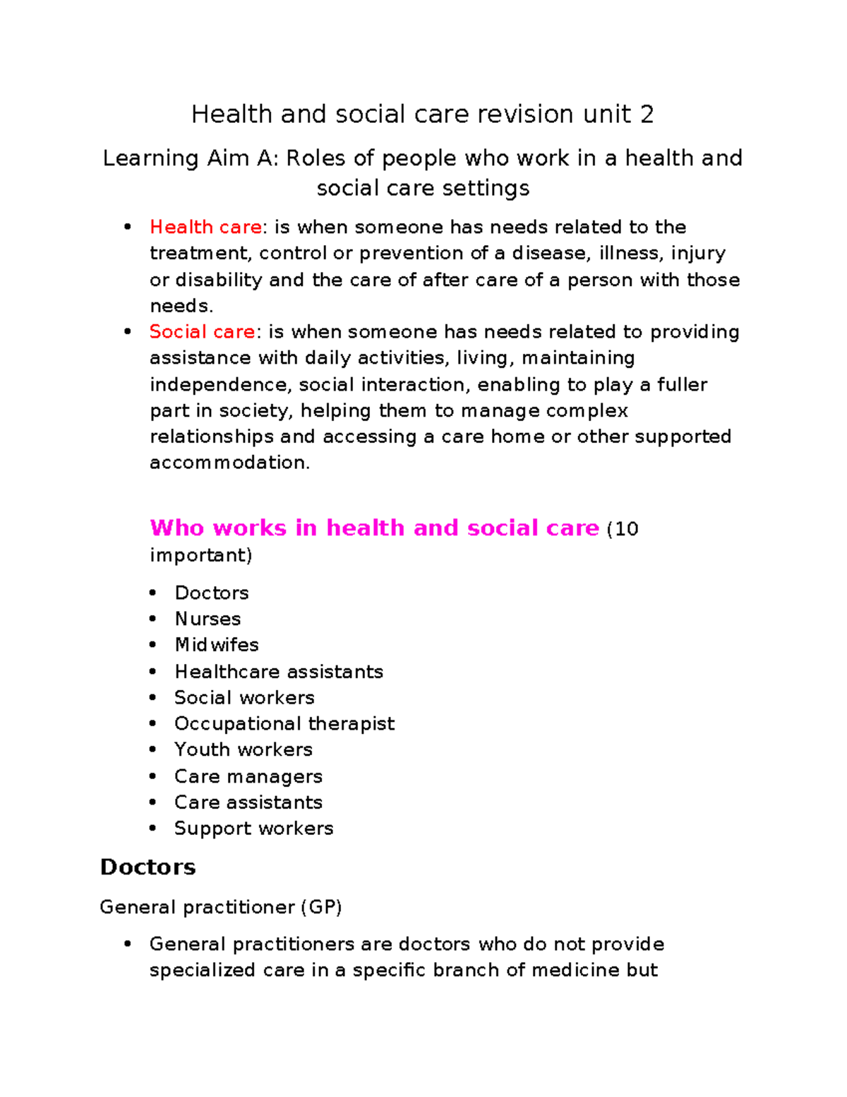 Unit 2 Health and Social Care Revision Guide - Studocu