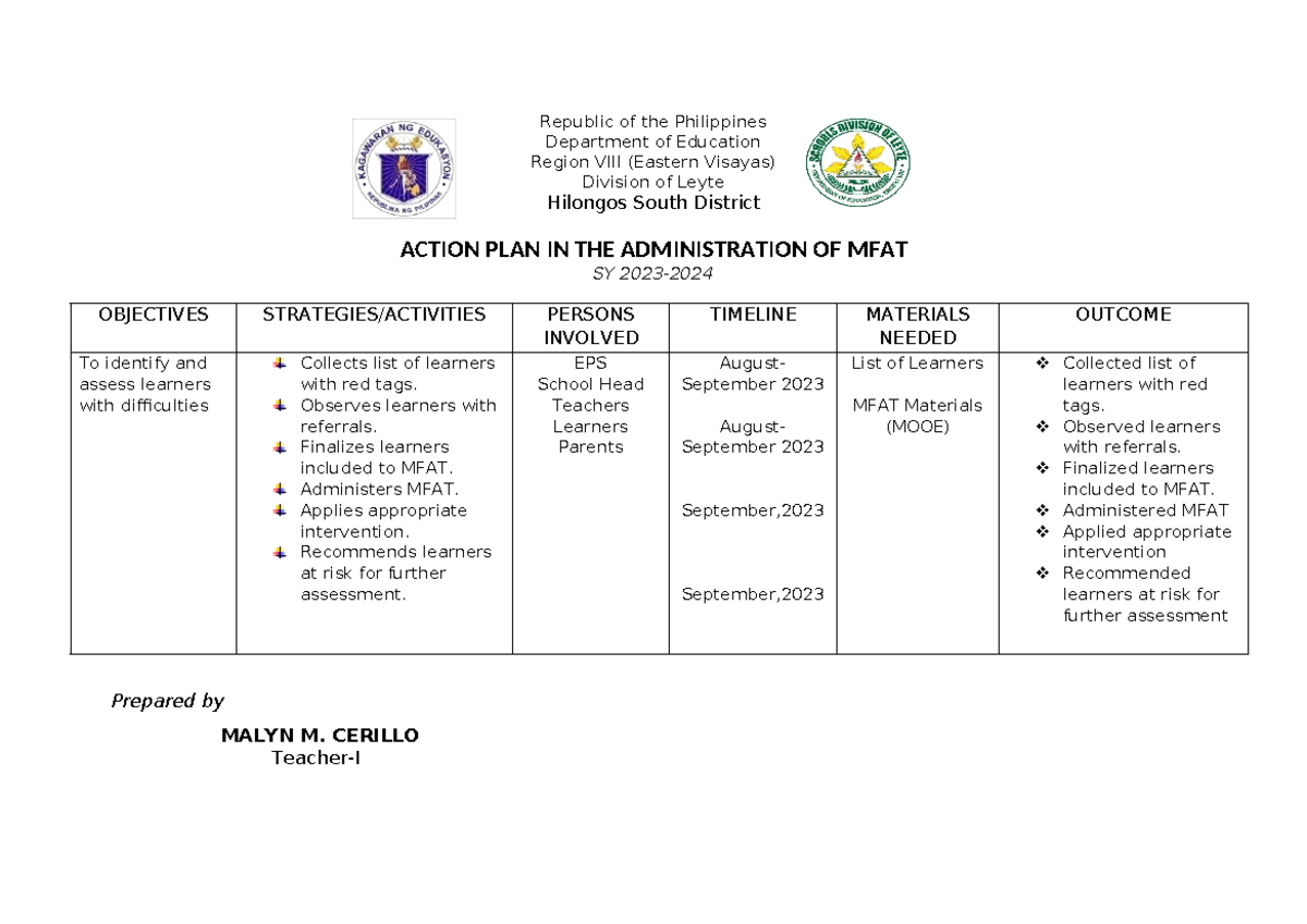 MFAT Action Plan SY 2023: Strategies for Learner Assessment - Studocu