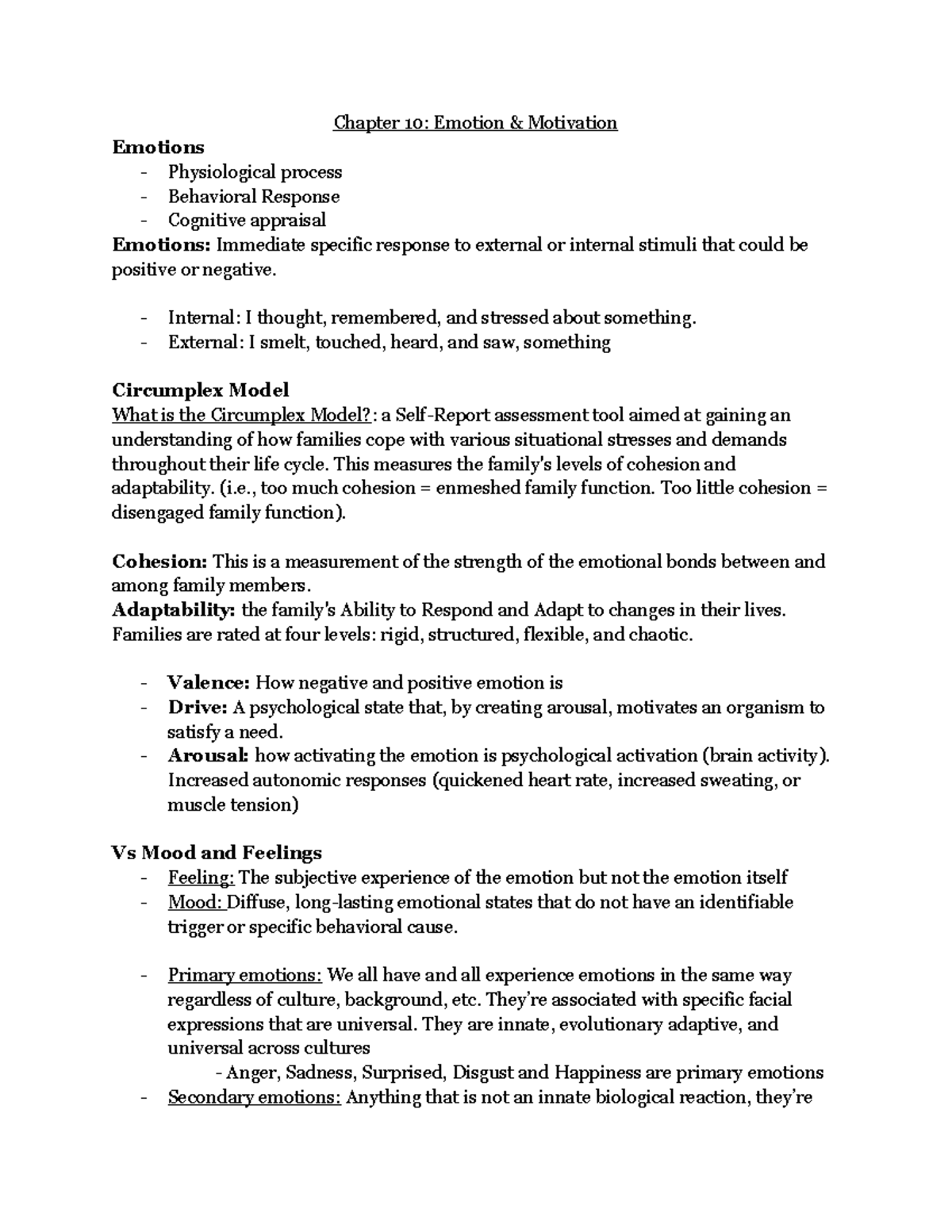 Psychology Notes: Chapter 10 - Emotion & Motivation Overview - Studocu